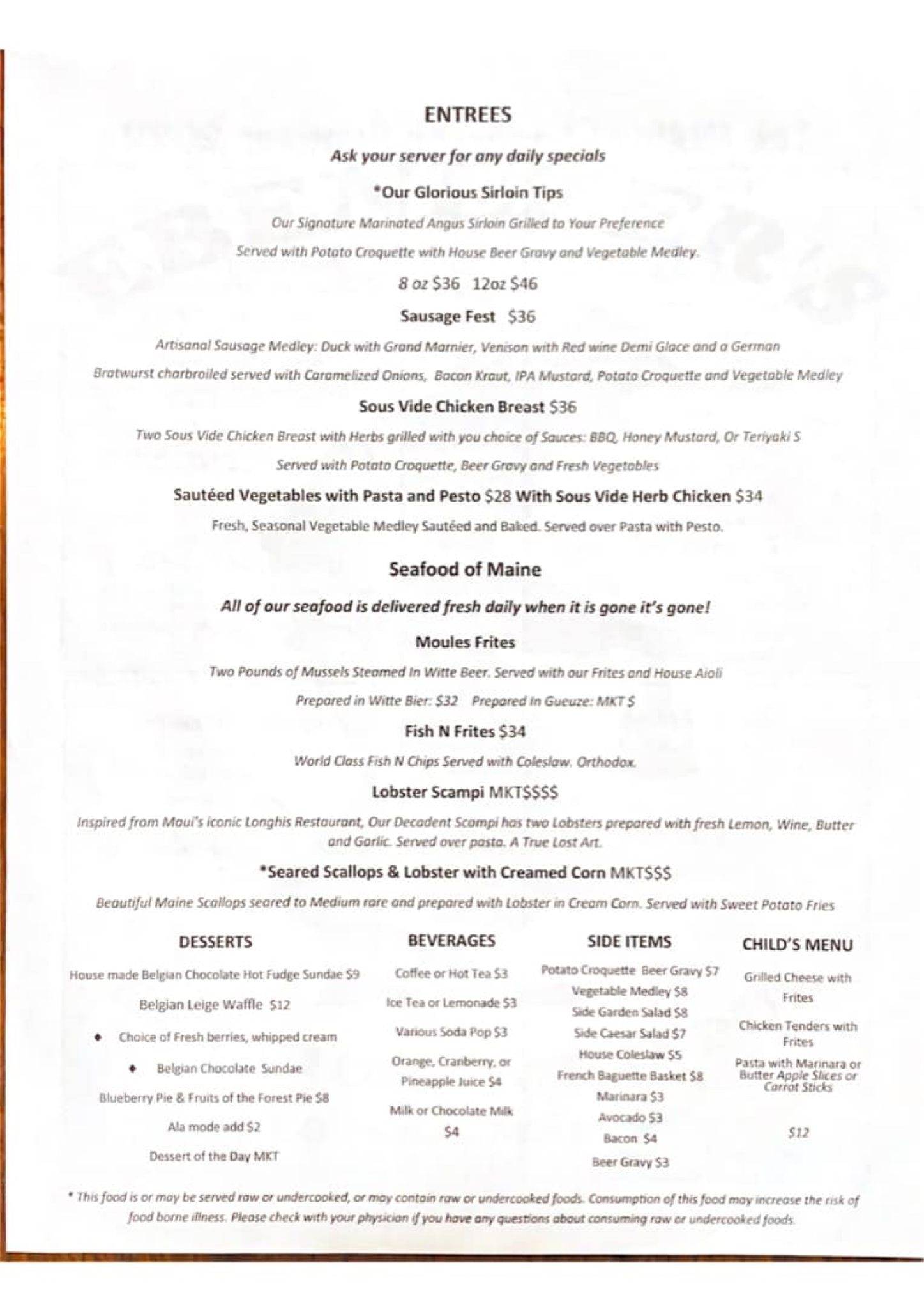 Menu at Ebenezer's Restaurant & Pub, Lovell