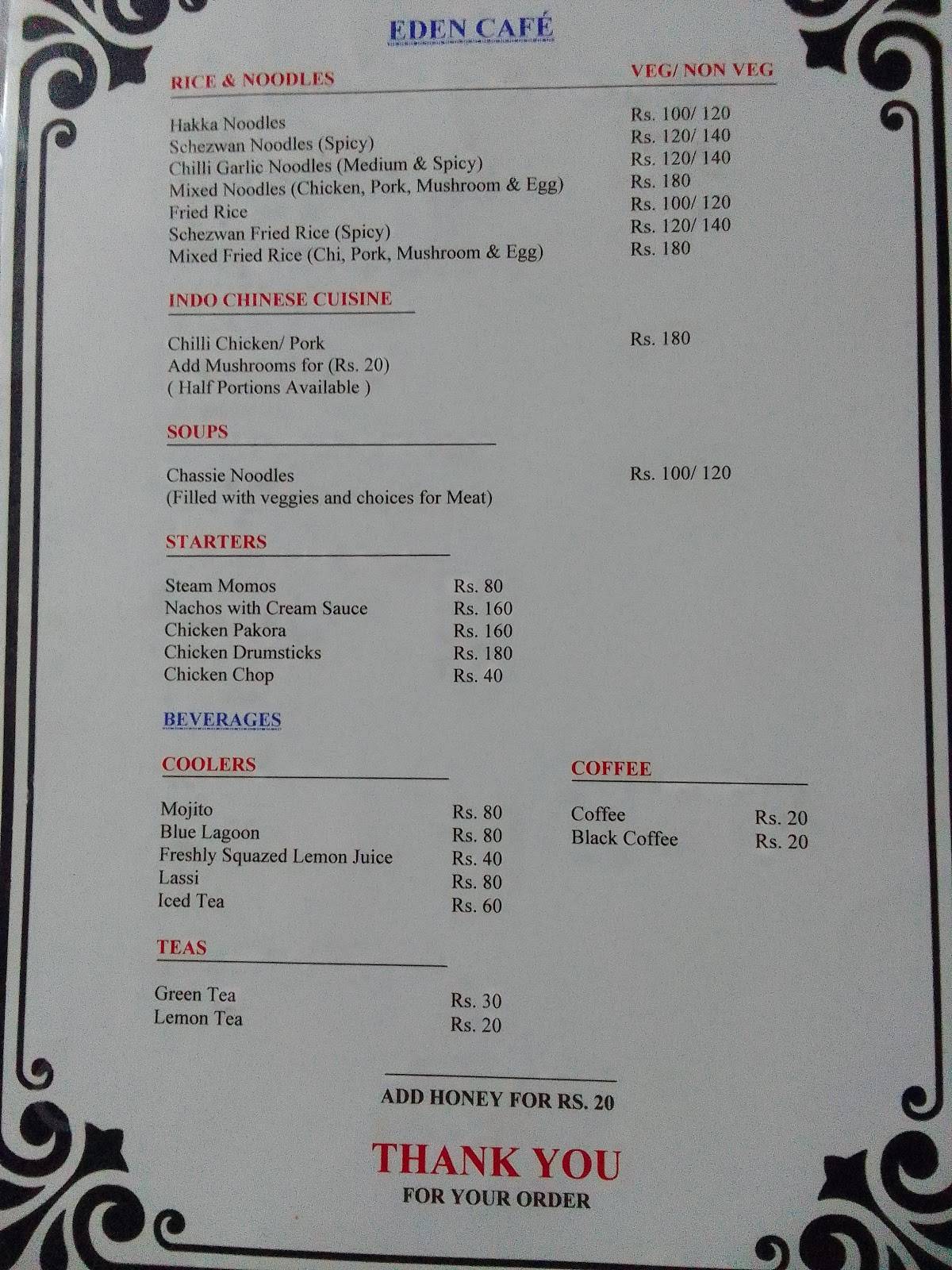 Menu at The Eden cafe, Tura