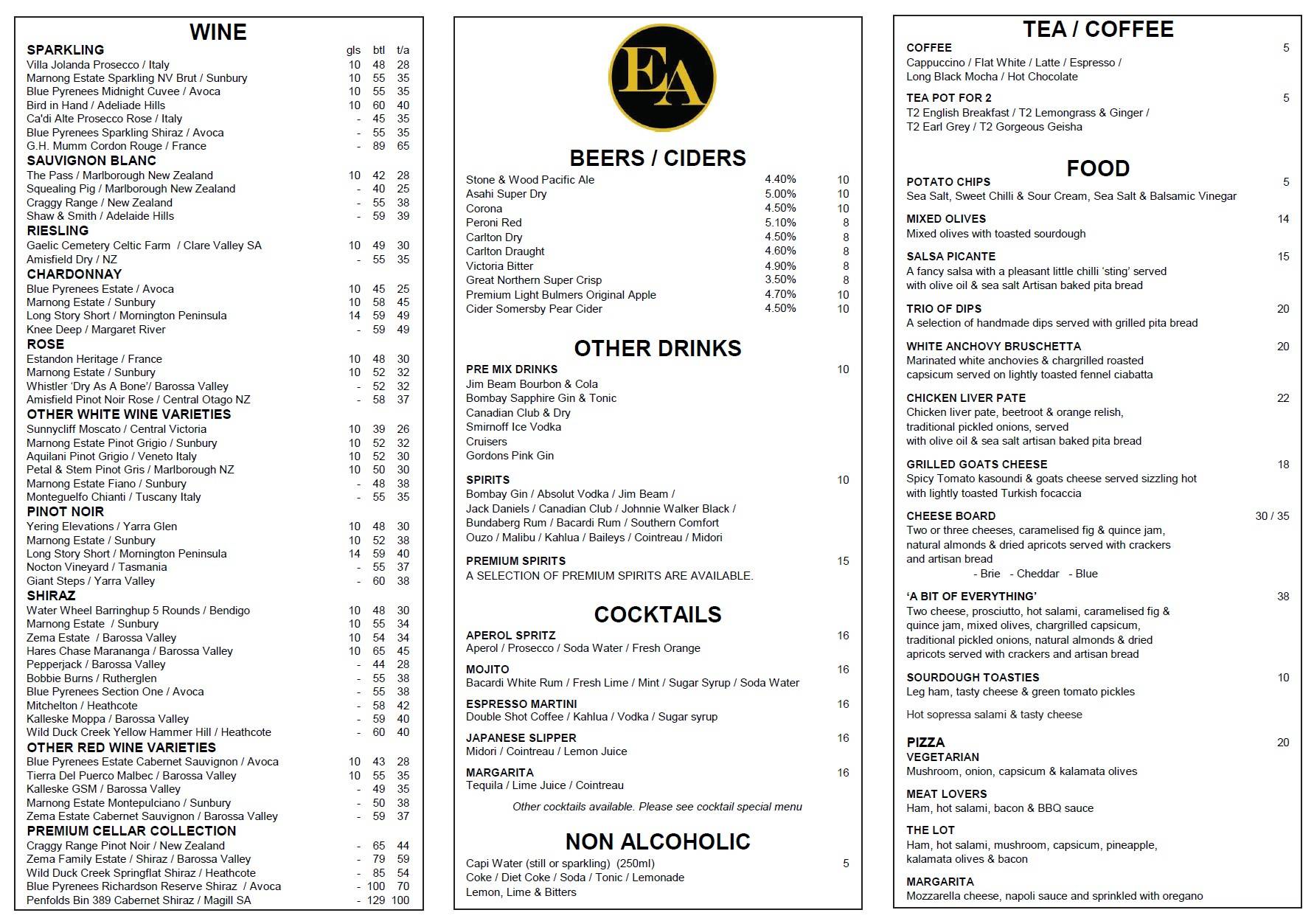 Menu at Edward Abbott Wine Bar, Strathmore