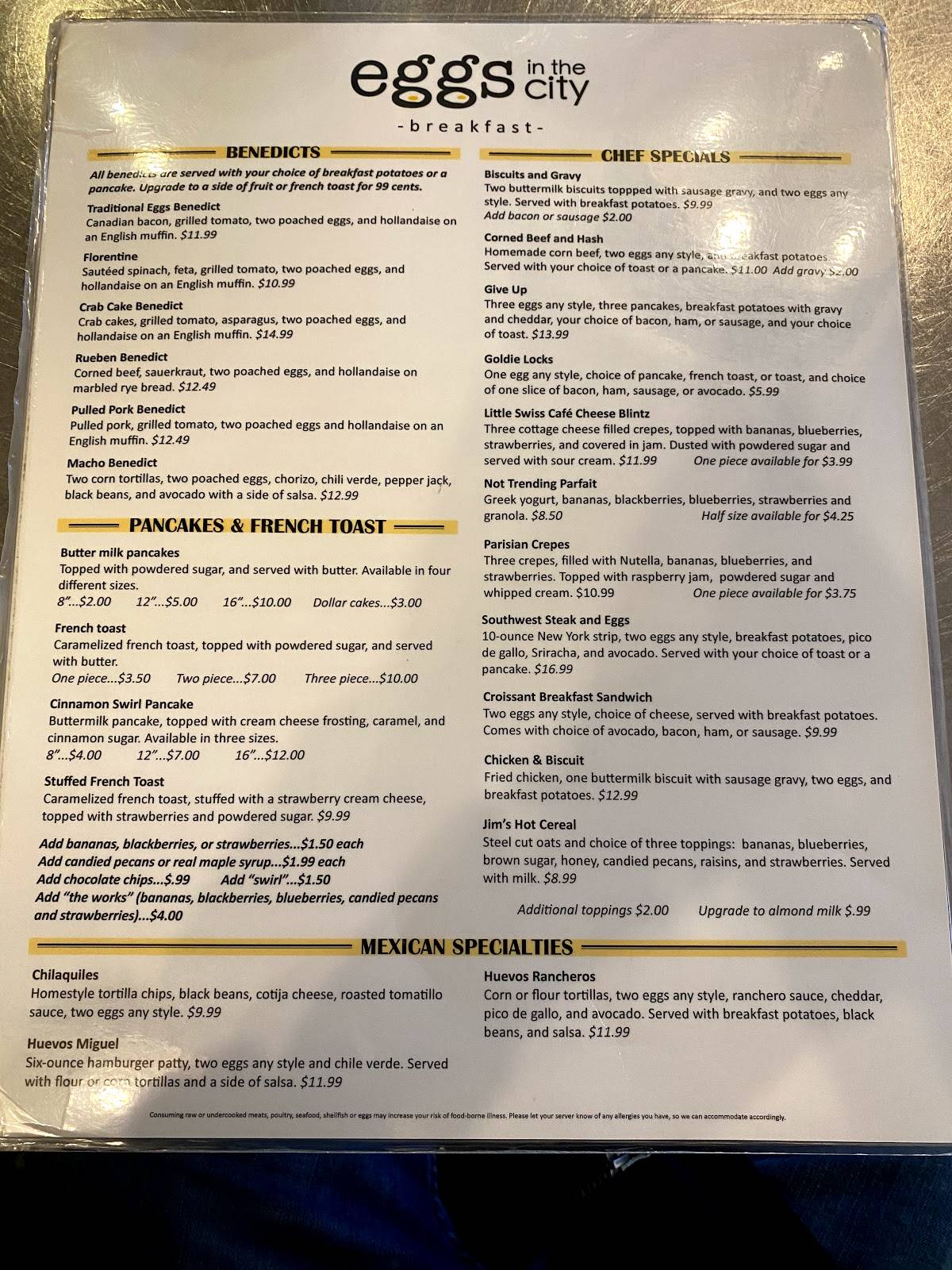 Menu at Eggs In the City restaurant, Salt Lake City, S 2300 E