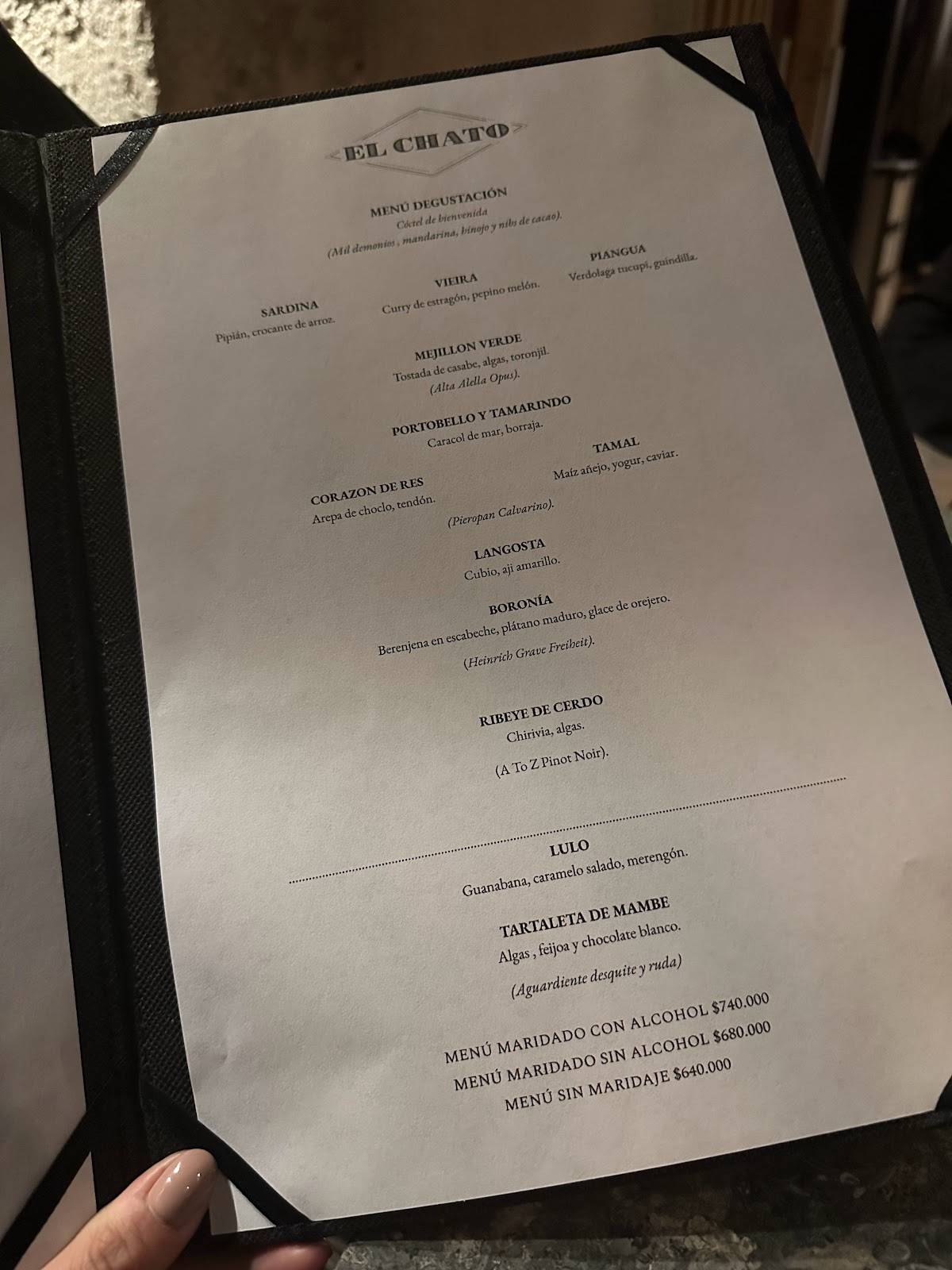 Carta del restaurante El Chato, Bogotá