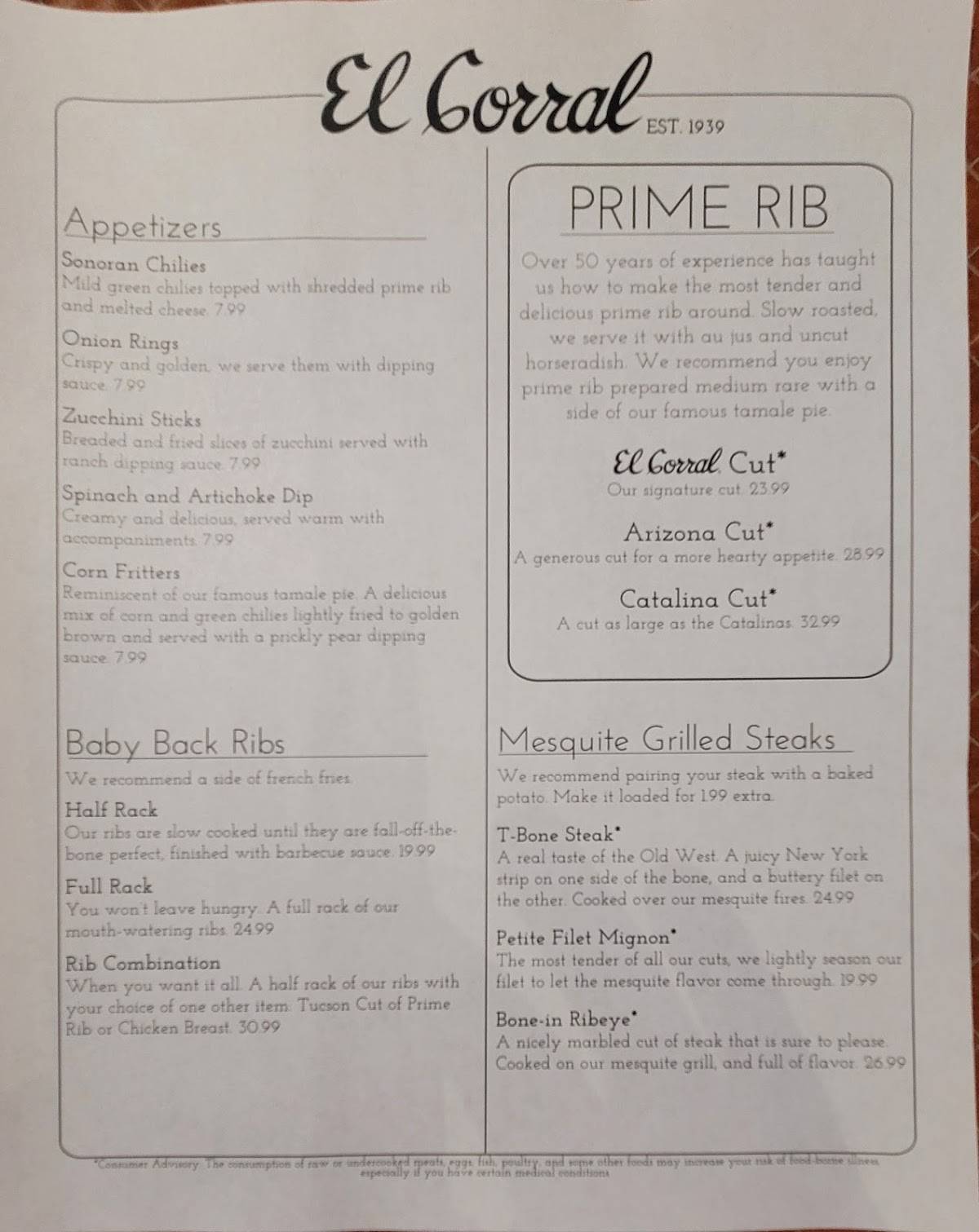 Menu at El Corral pub & bar, Tucson, E River Rd