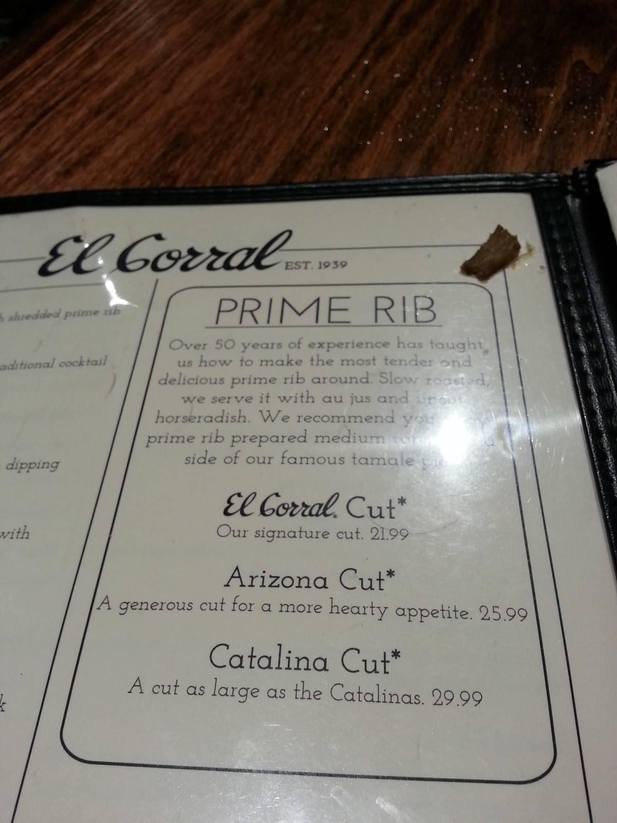 Menu at El Corral pub & bar, Tucson, E River Rd