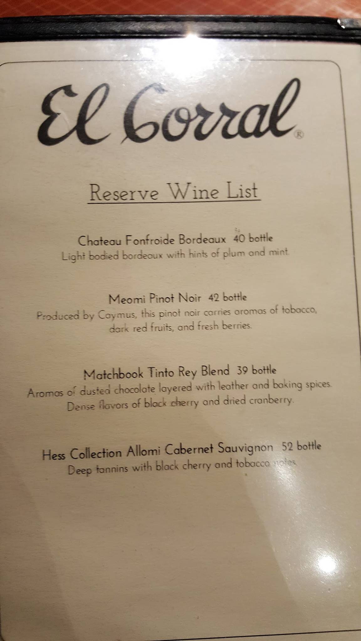 Menu at El Corral pub & bar, Tucson, E River Rd