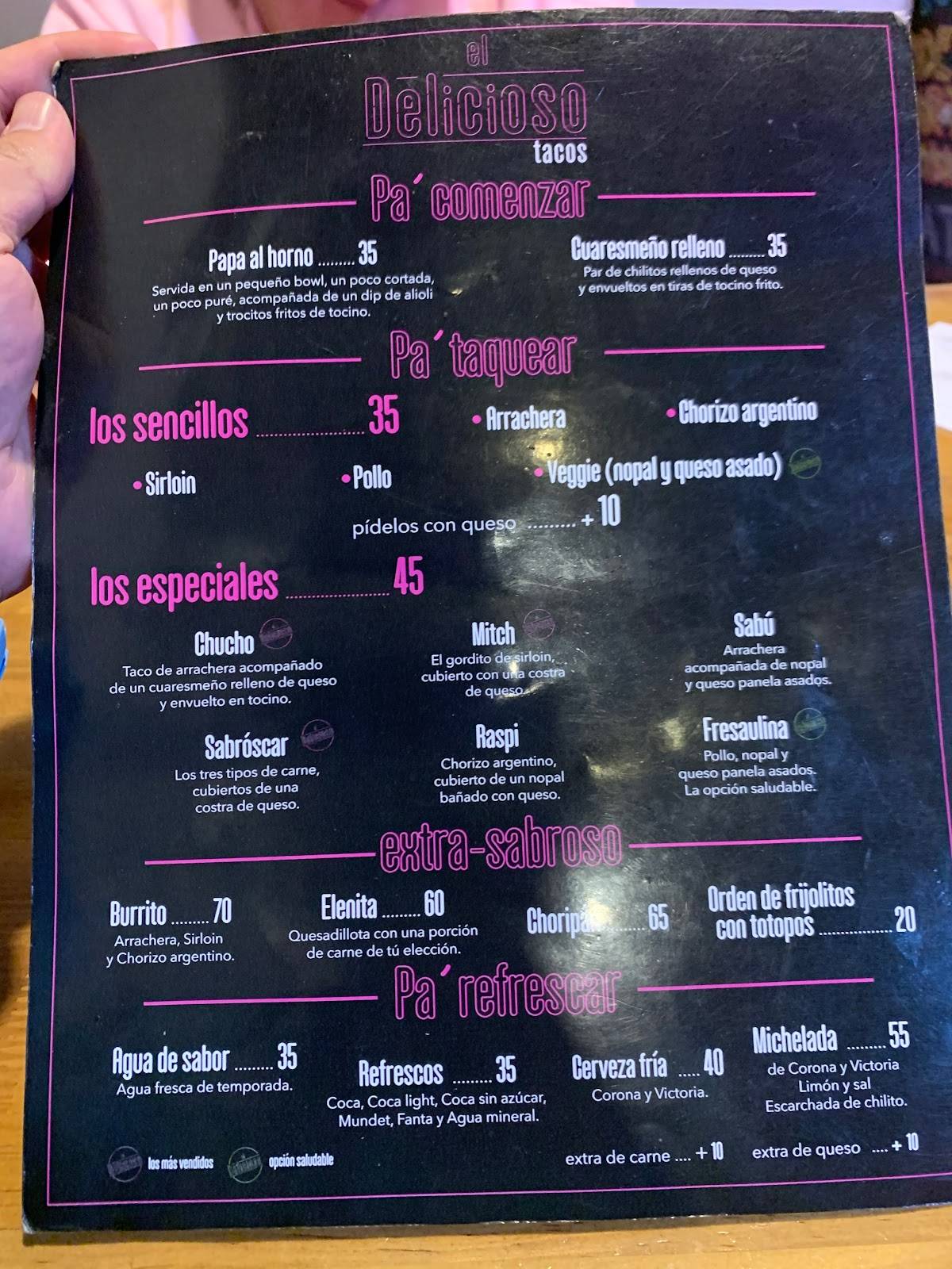 Carta del restaurante El Delicioso, Ciudad del México