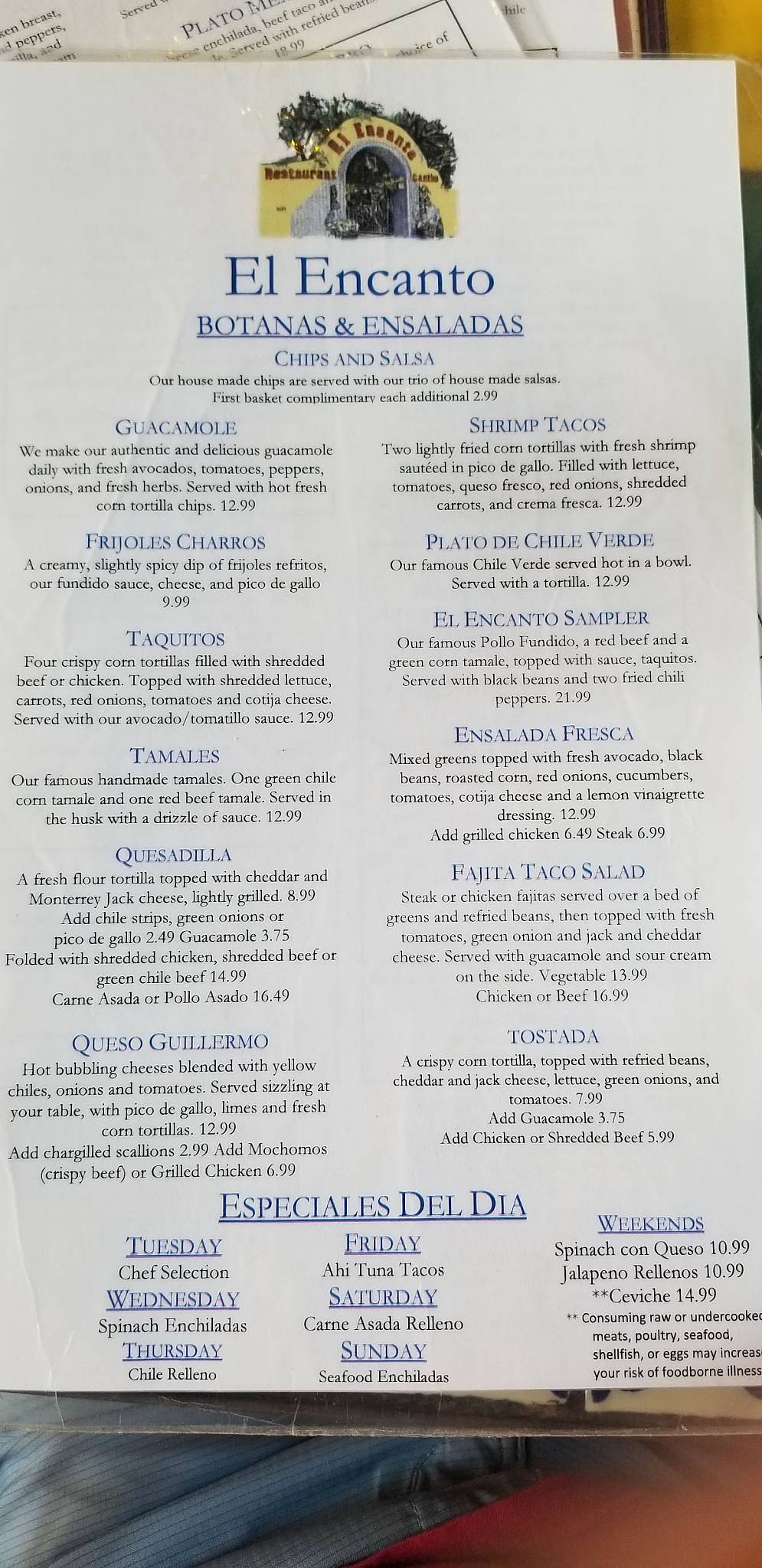 Menu at El Encanto restaurant, Cave Creek, E Cave Creek Rd