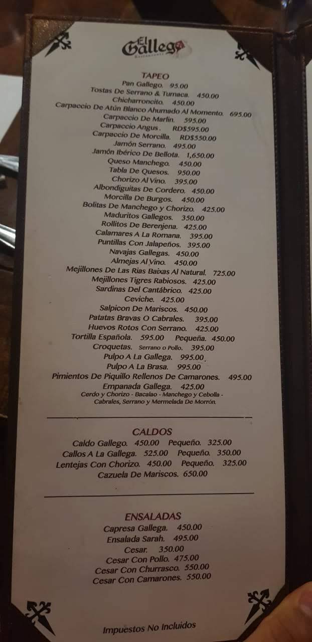 Menu at El Gallego restaurant, Santo Domingo, C. César Nicolás Penson 76