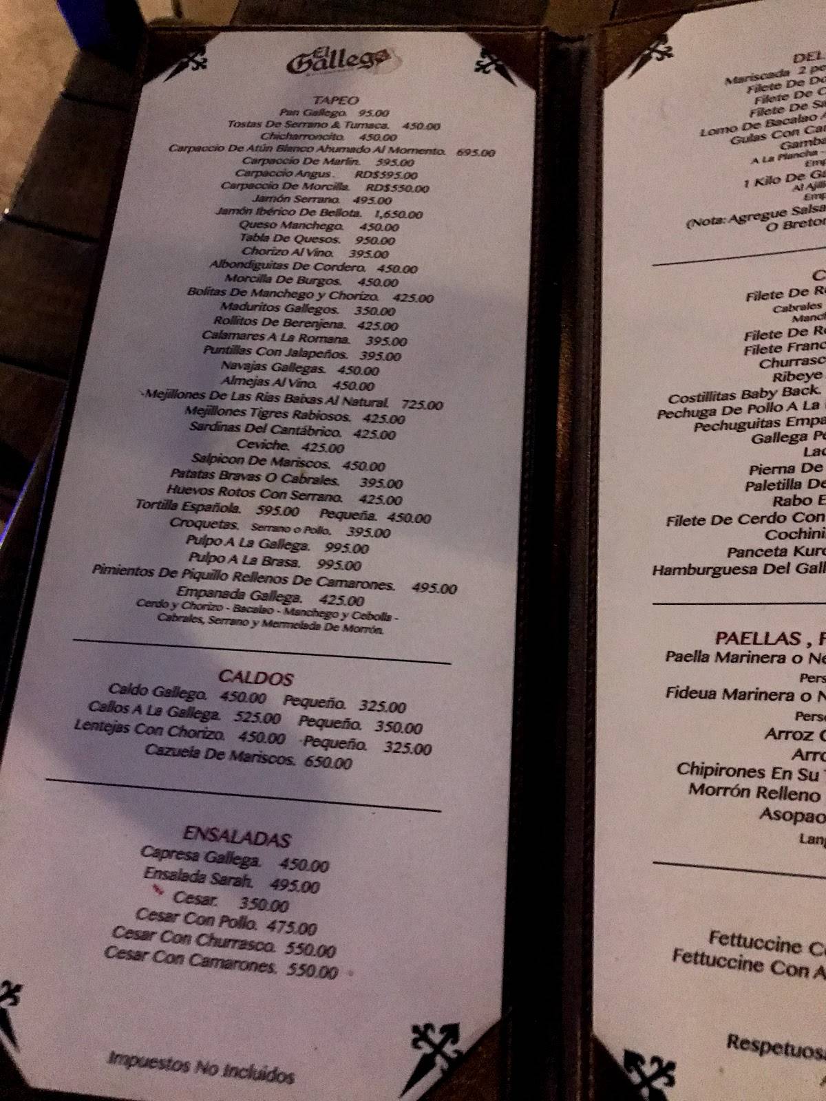 Menu at El Gallego restaurant, Santo Domingo, C. César Nicolás Penson 76