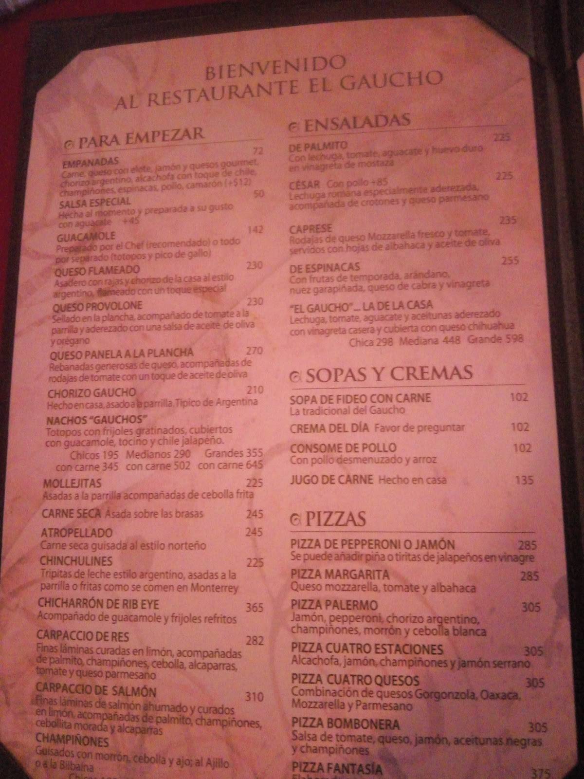 Carta del restaurante El Gaucho del Monterrey, Monterrey, Arroyo Seco # 100