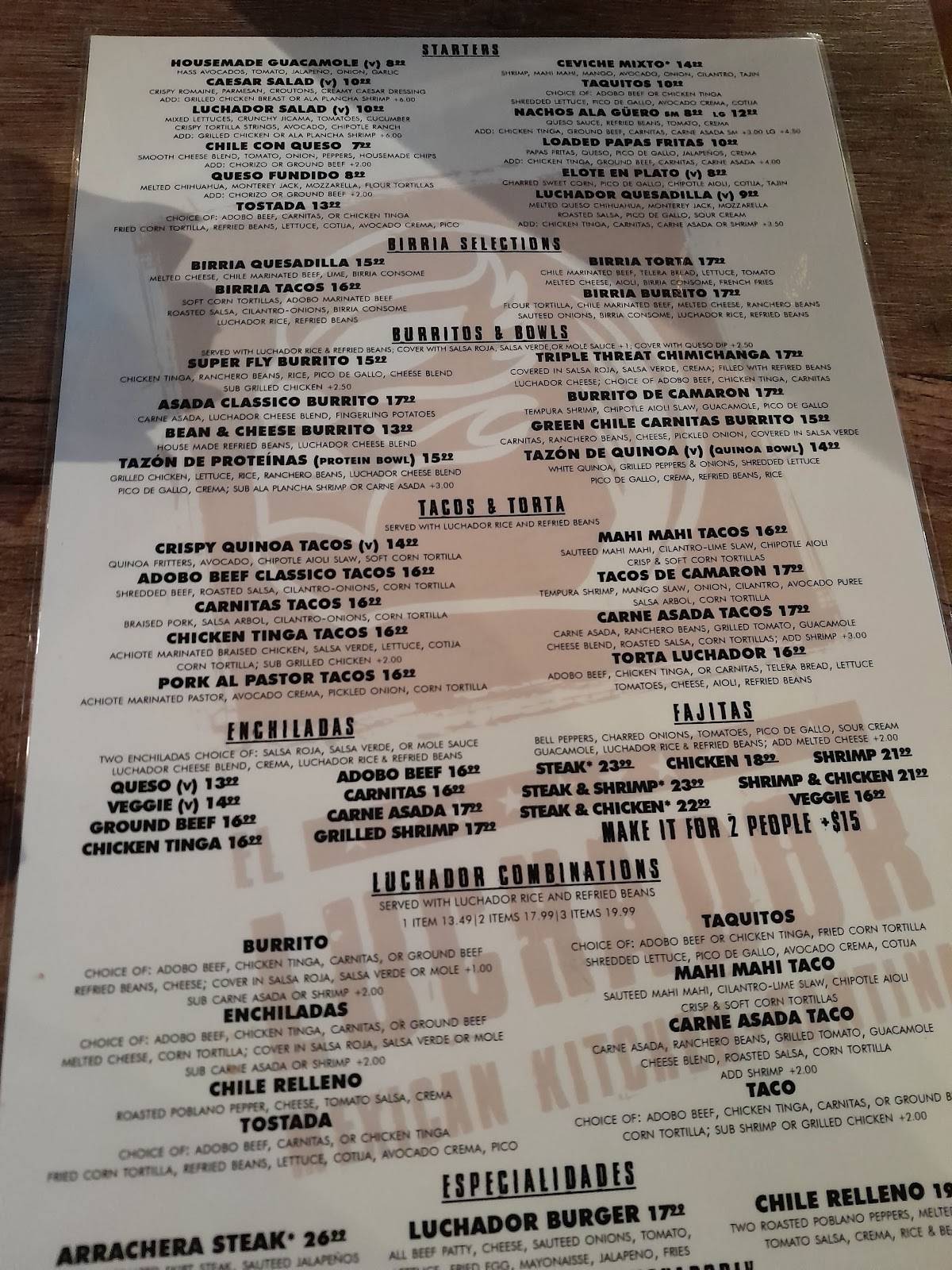 Carta del pub y bar El Luchador Mexican Kitchen + Cantina - Henderson ...