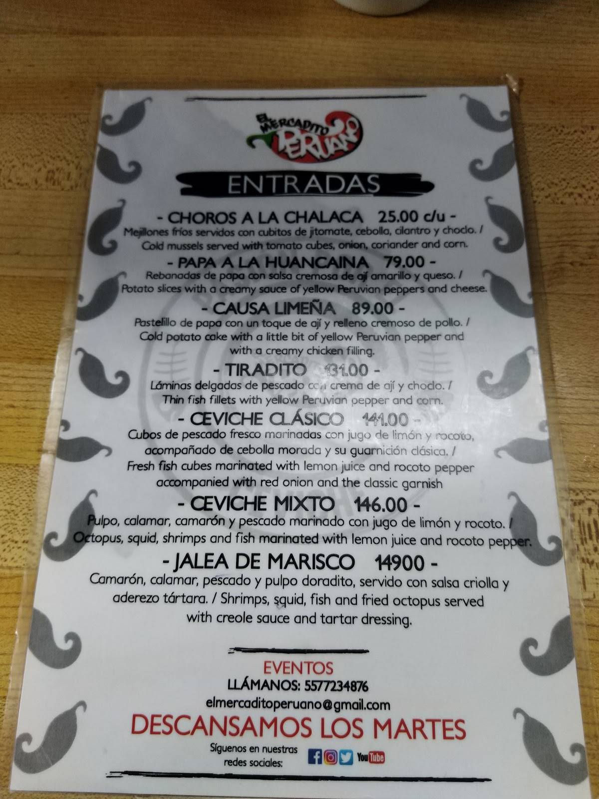 Carta del restaurante El Mercadito Peruano, Ciudad López Mateos, Calle ...