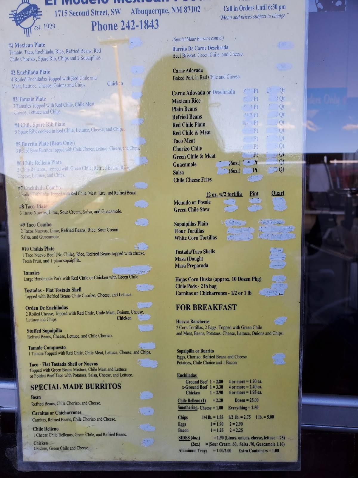 Menu at El Modelo Mexican Foods restaurant, Albuquerque