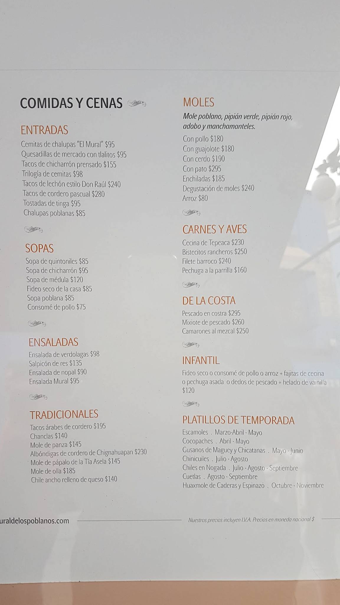 Carta del restaurante Mural del los Poblanos, Heroica Puebla del Zaragoza