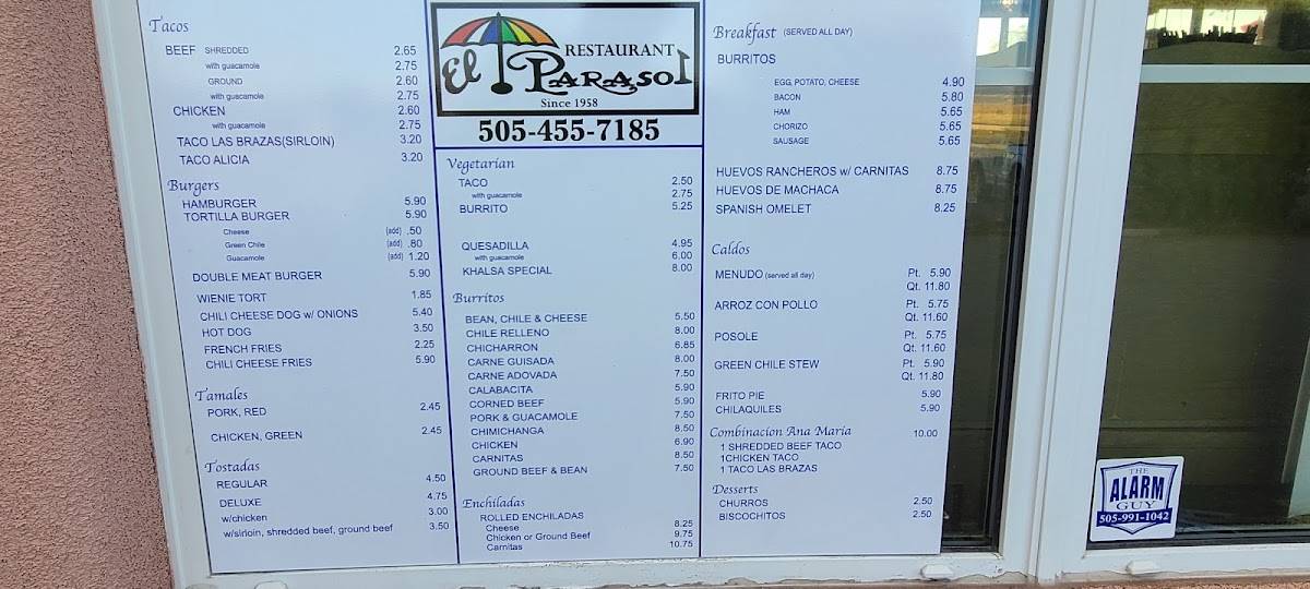 Menu at El Parasol restaurant, Pojoaque