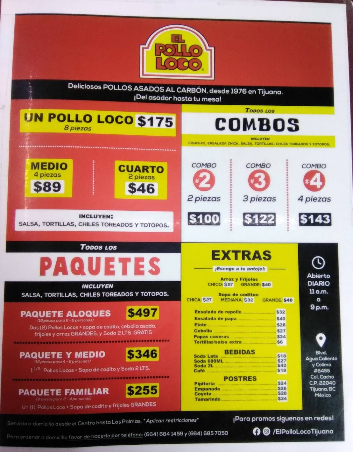 Carta del restaurante El Pollo Loco, Tijuana, Blvd. Agua Caliente 8789