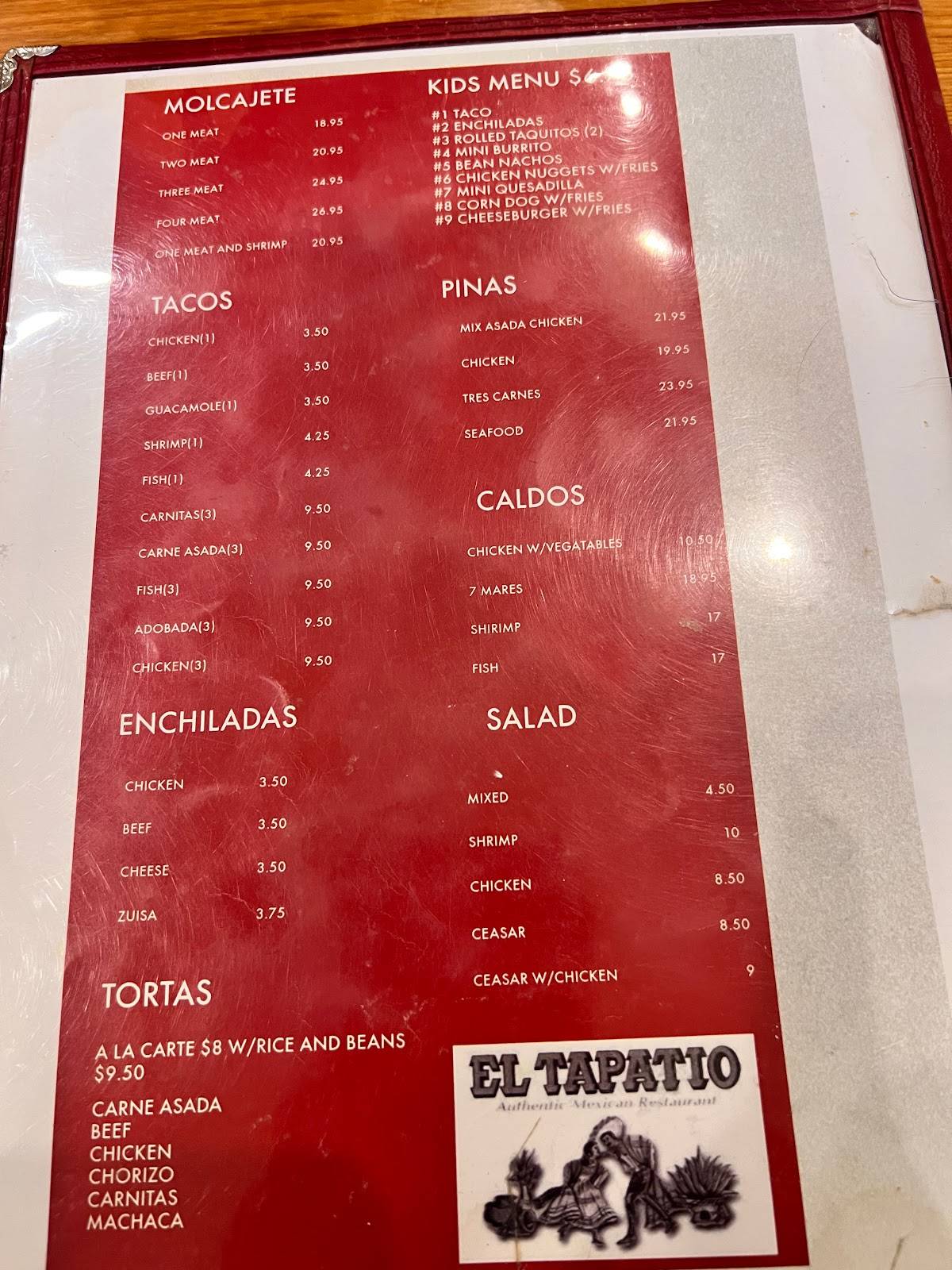 Menu at El Tapatio restaurant, Payson