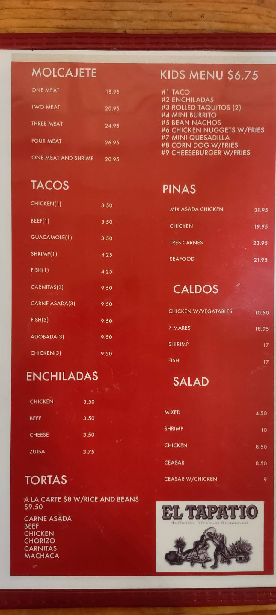 Menu at El Tapatio restaurant, Payson