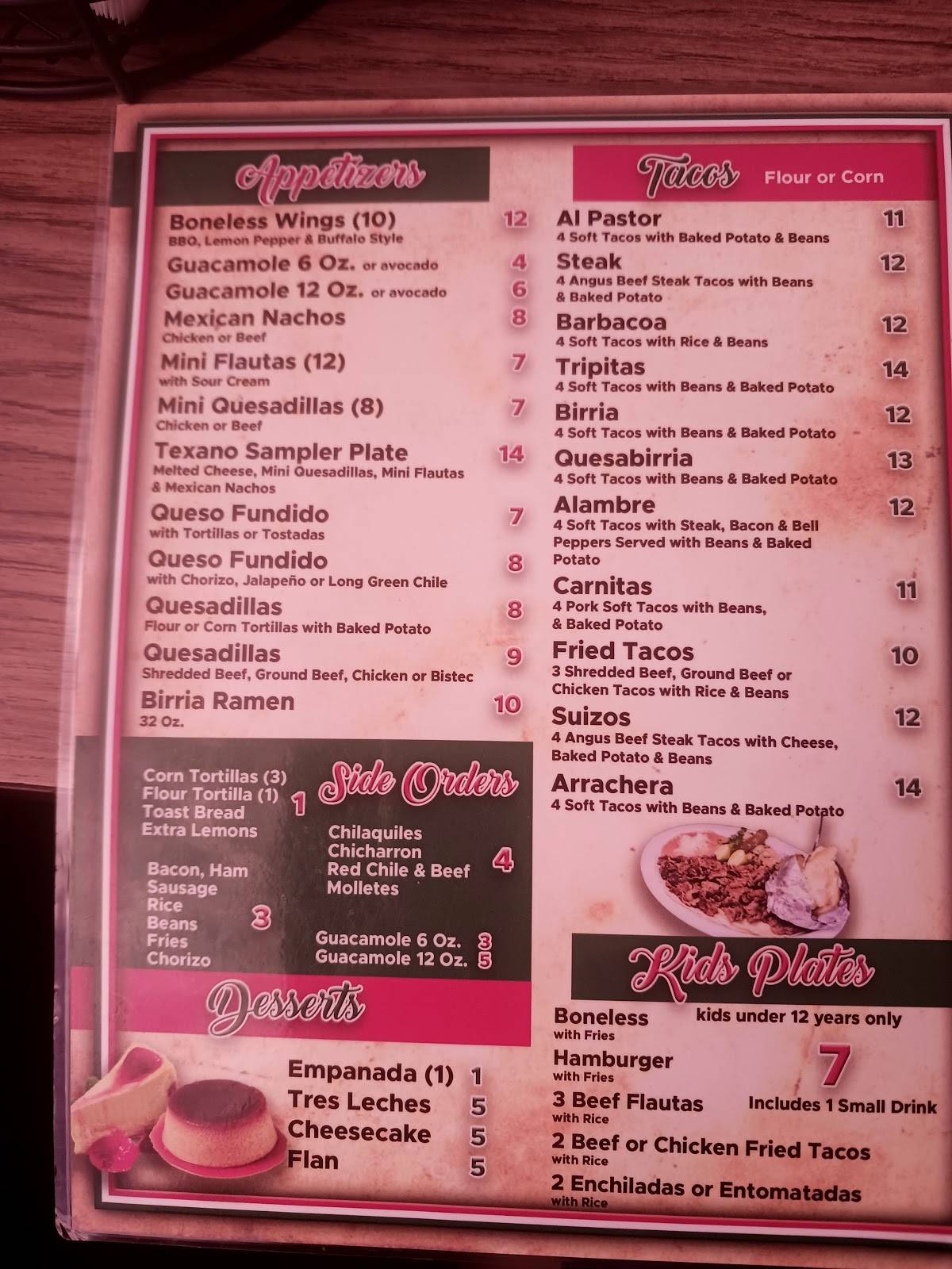 Menu at El Texano Mexican Restaurant, El Paso, Pendale Rd