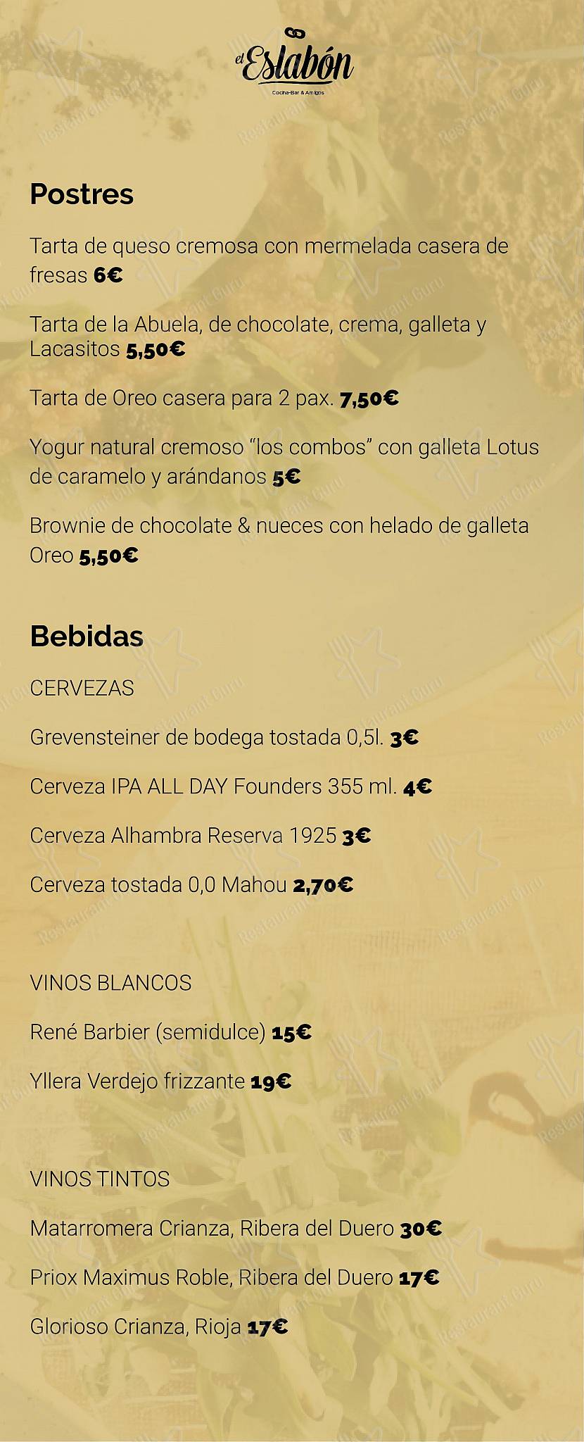 Carta del restaurante El Eslabon, Móstoles