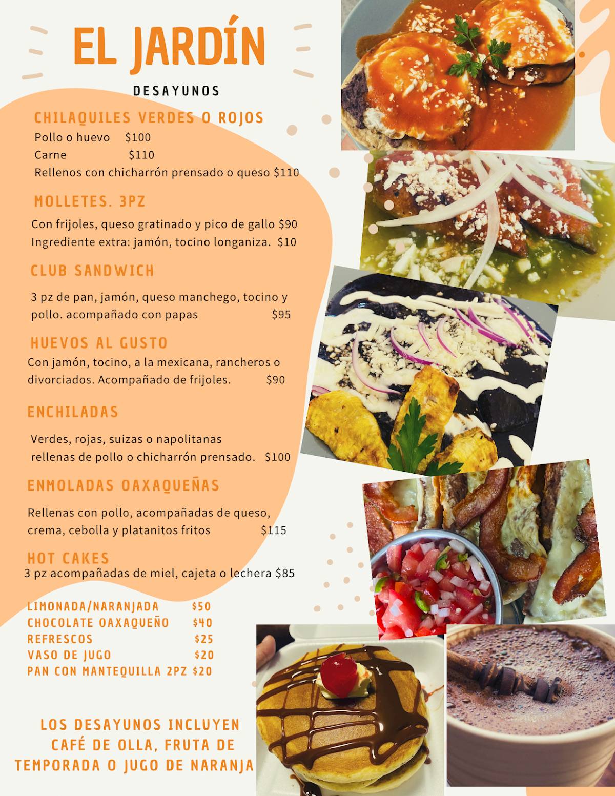 Carta del restaurante El jardín, San Francisco Coacalco