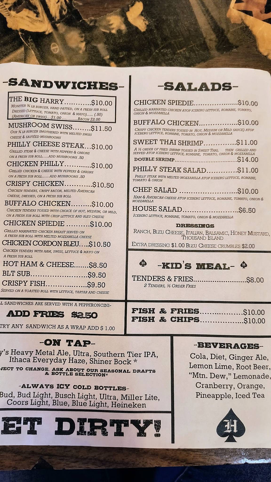 Menu at Harry's Inn the Heights pub & bar, Elmira