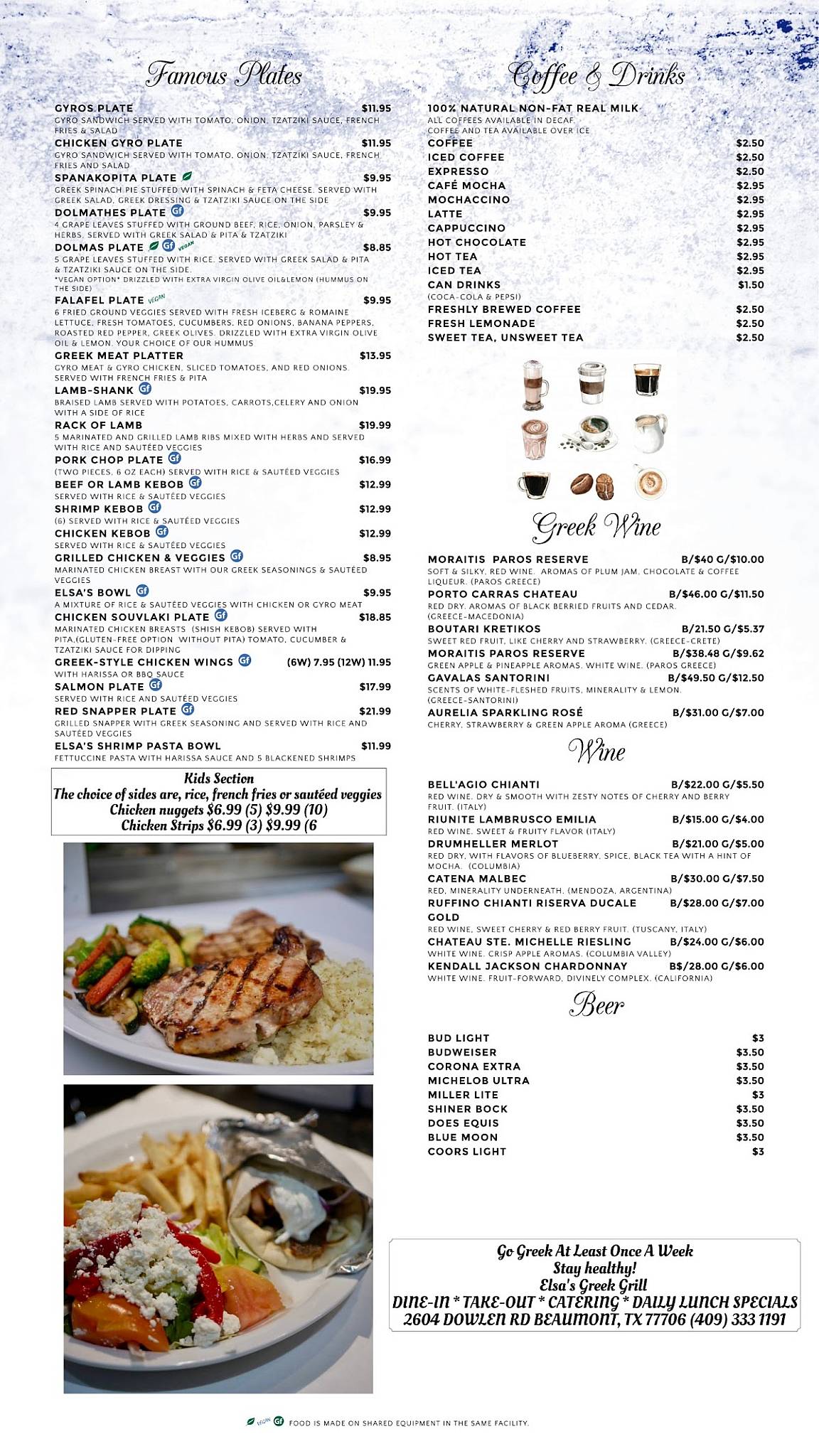 Menu at Elsa's Greek Grill restaurant, Beaumont