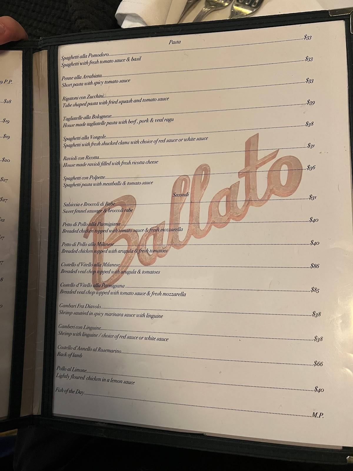 Menu at Emilio's Ballato restaurant, New York City