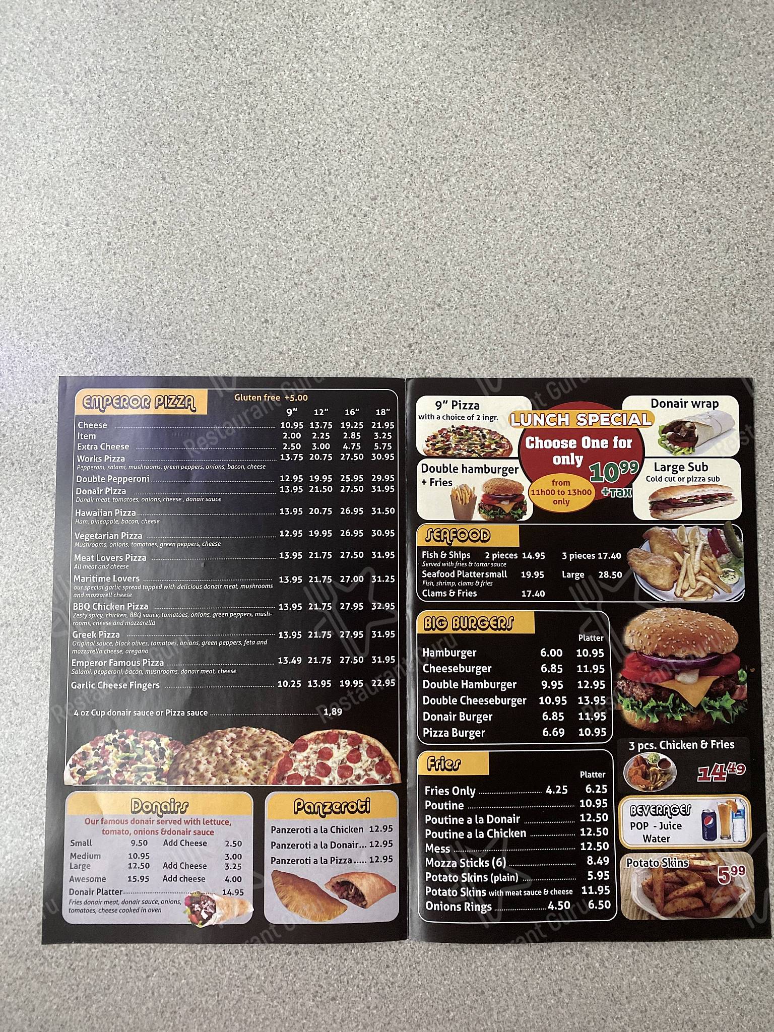 Menu at Emperor Pizza pizzeria, Cap-Pele