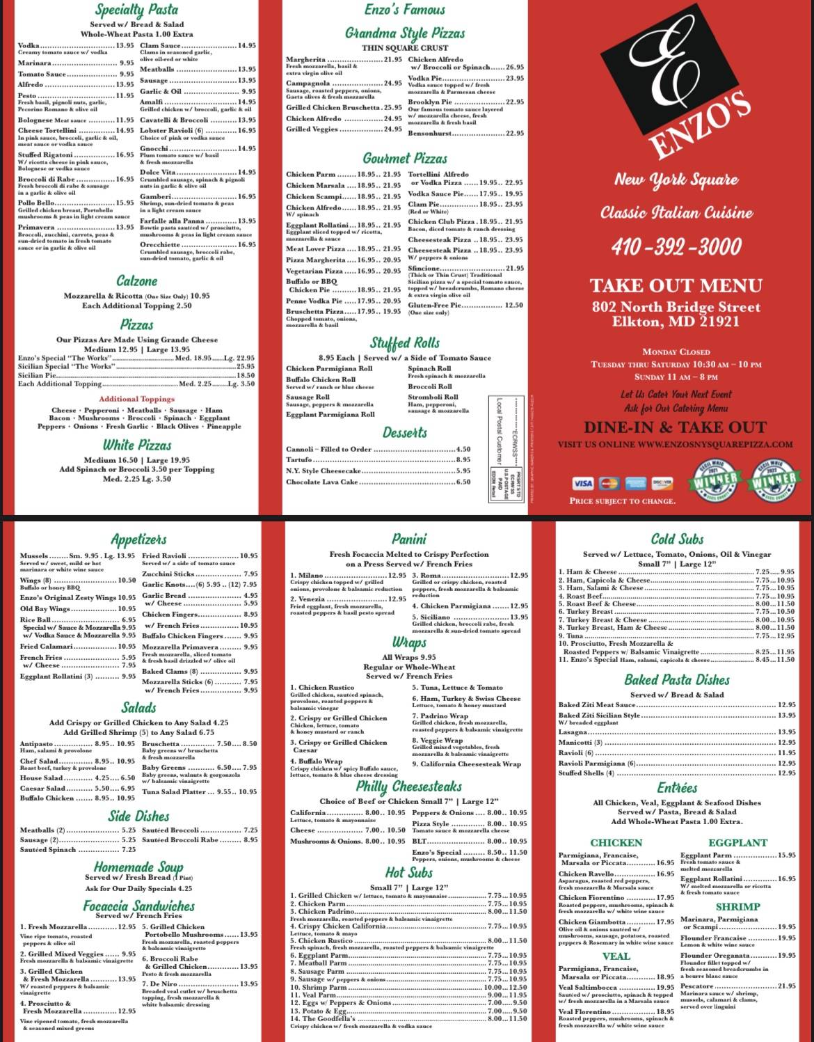 Menu at Enzo's New York Square pizzeria, Elkton