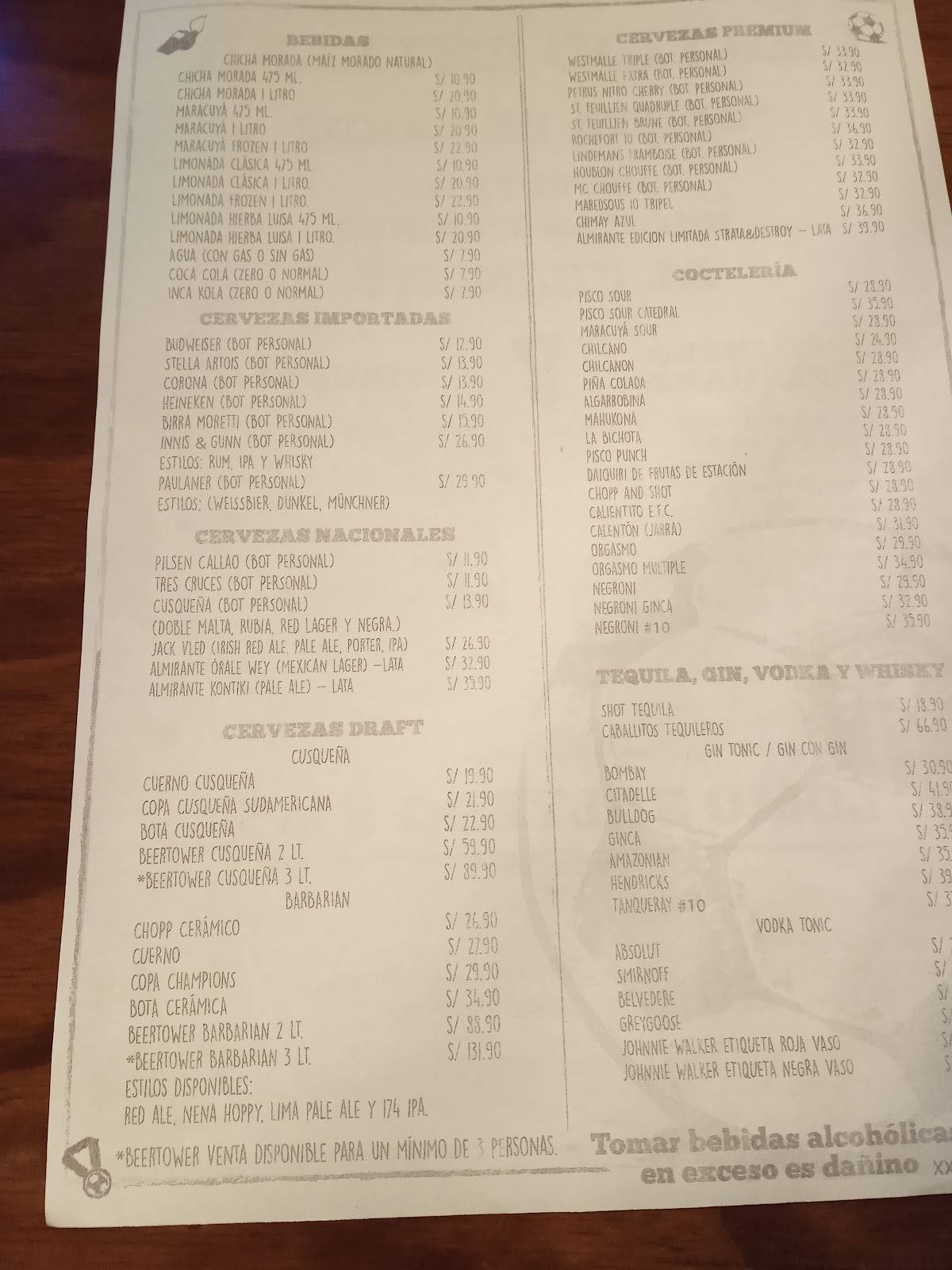 Carta de Estadio F. C., Restaurant - Bar, Lima