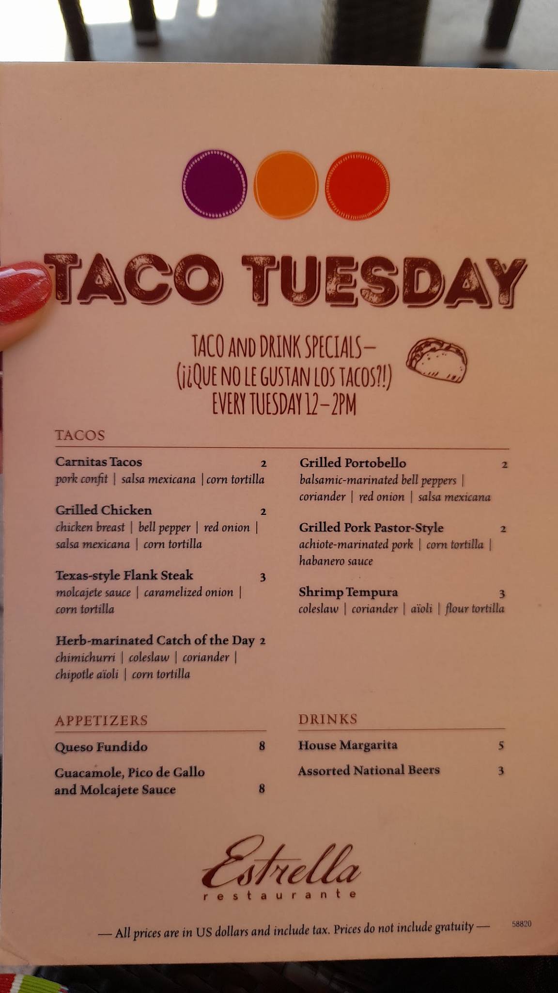 Menu at Estrella restaurant, Cabo San Lucas