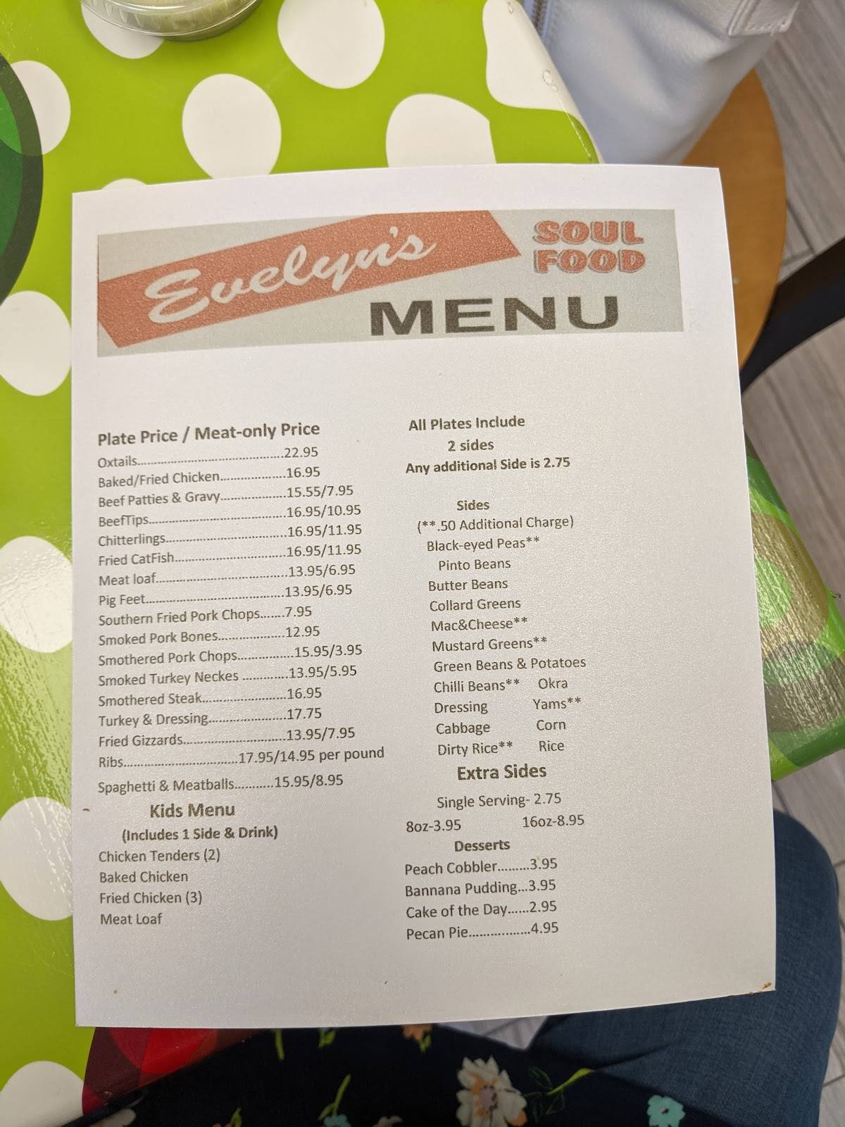 Menu at Evelyn’s Soulfood restaurant, Wharton