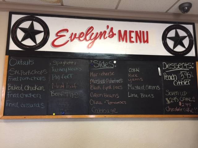 Menu at Evelyn’s Soulfood restaurant, Wharton