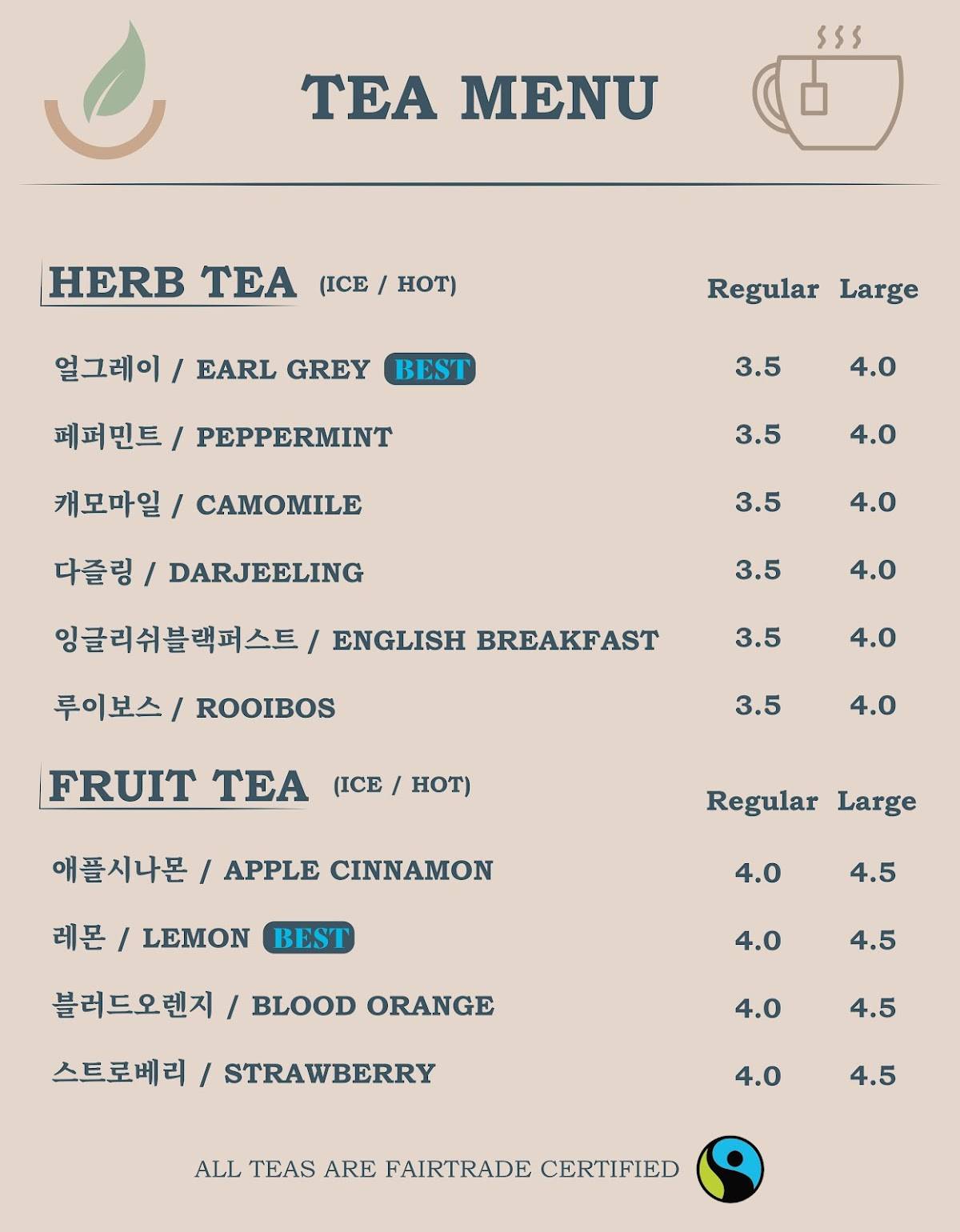 Menu at Fair Trade Cafe, Seoul