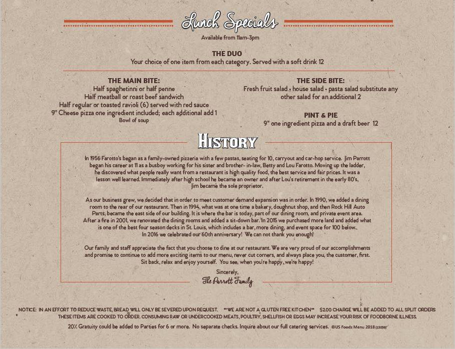 Menu at Farotto's pizzeria, Rock Hill