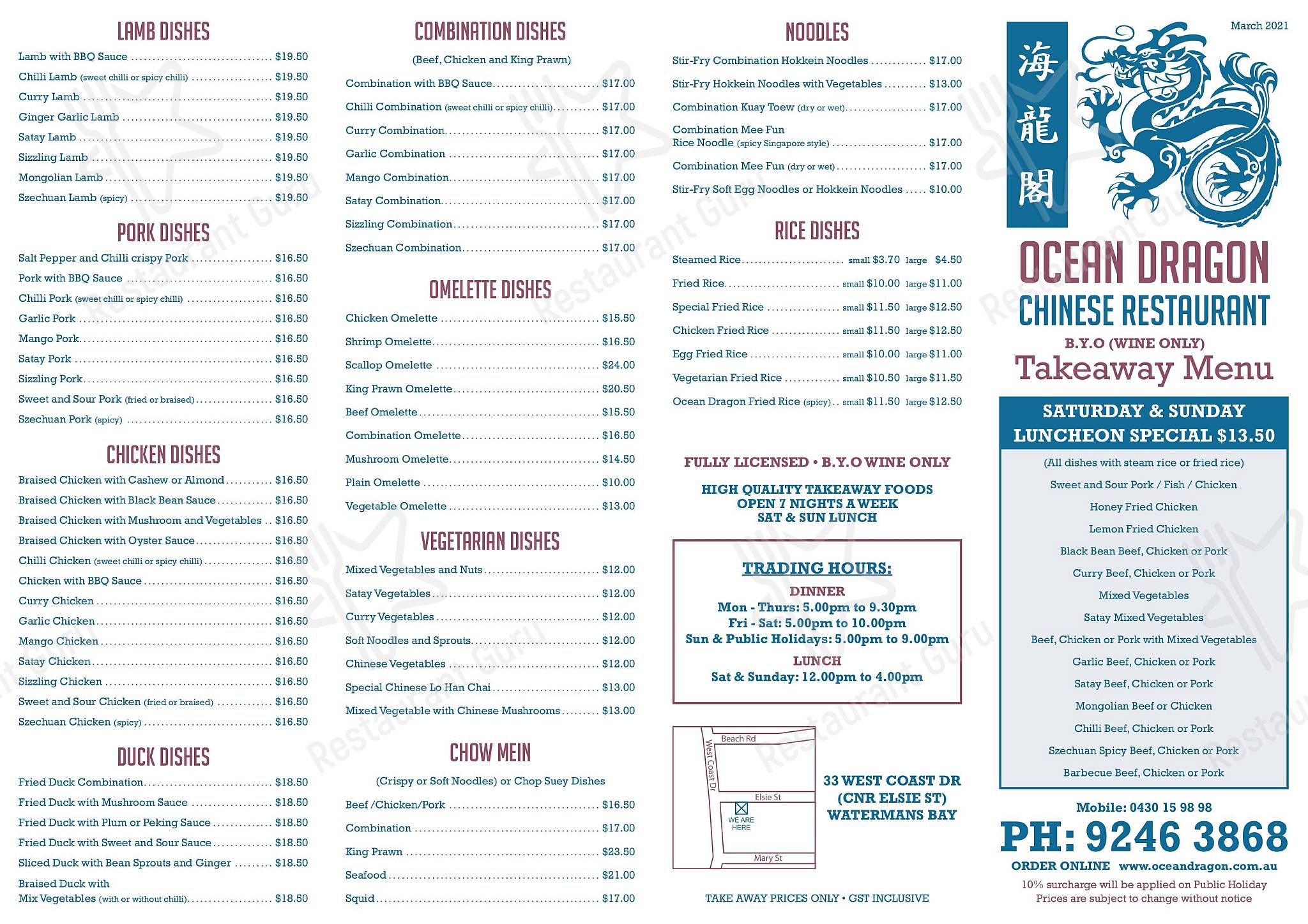 Menu at Ocean Dragon Chinese Restaurant, Watermans Bay