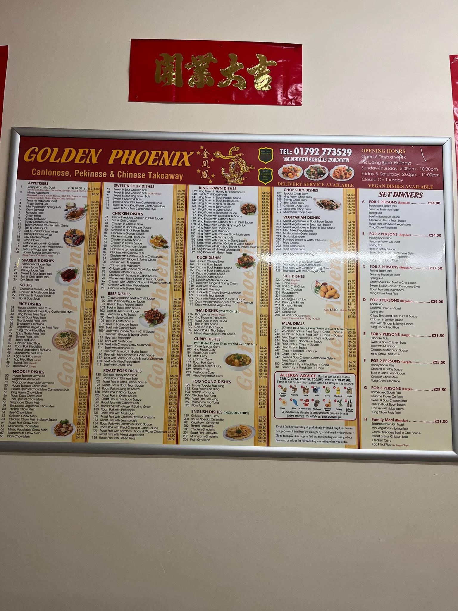 Menu at The Golden Phoenix fast food, Swansea