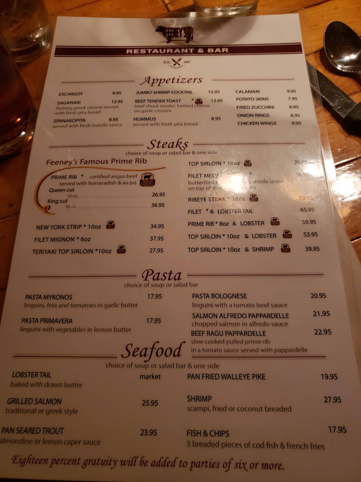 Menu at Feeney's Restaurant & Bar, Phoenix