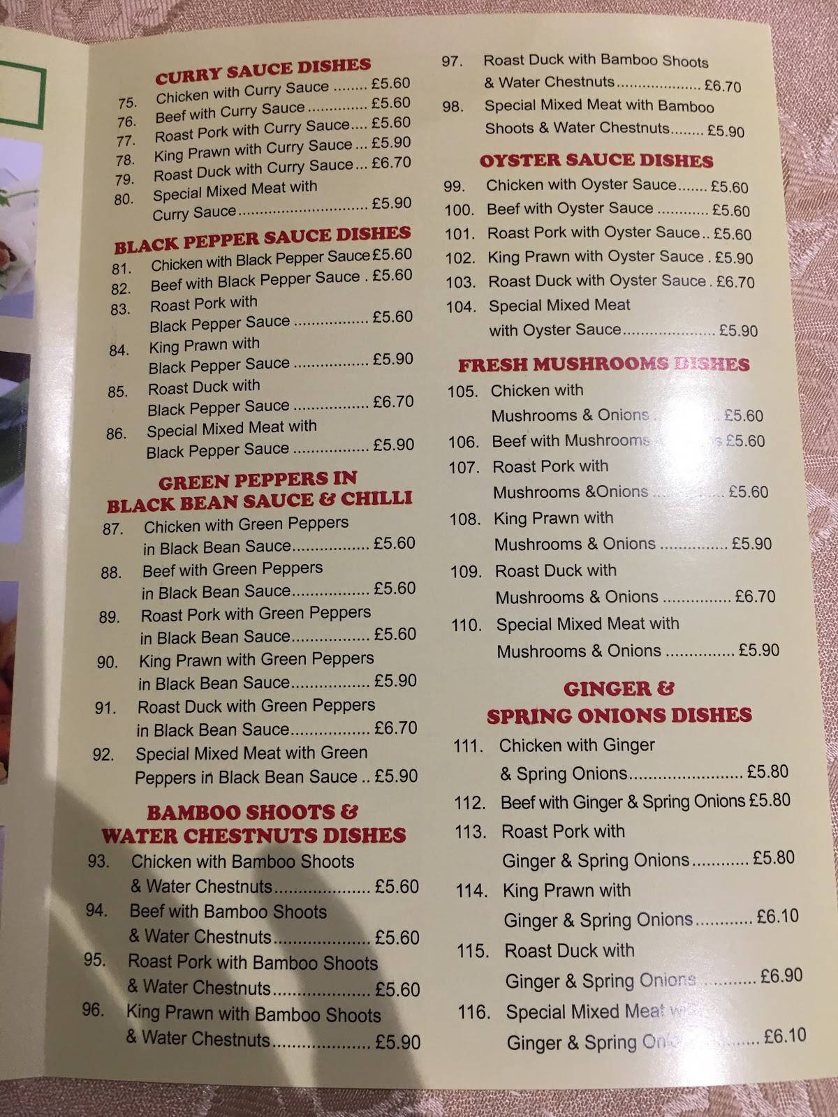 Menu at Golden Dragon restaurant, Filey
