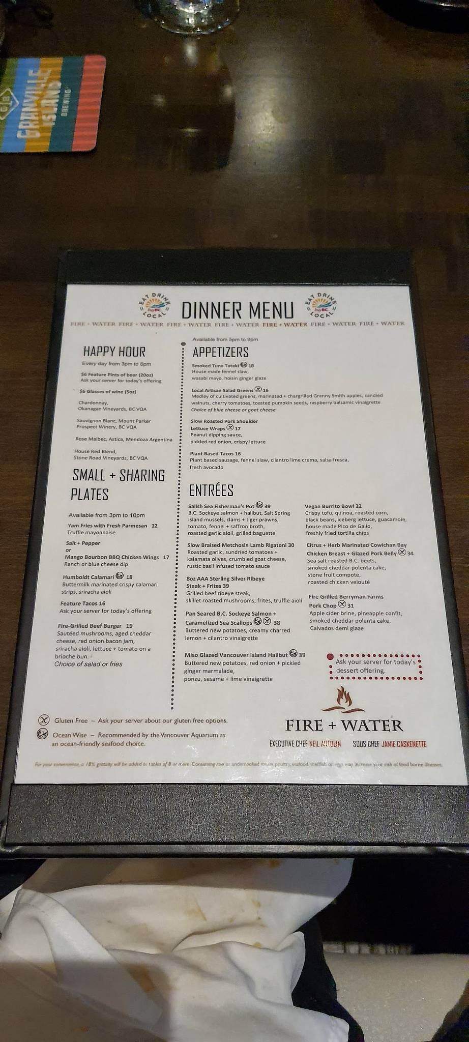 Menu at Fire + Water Restaurant, Victoria