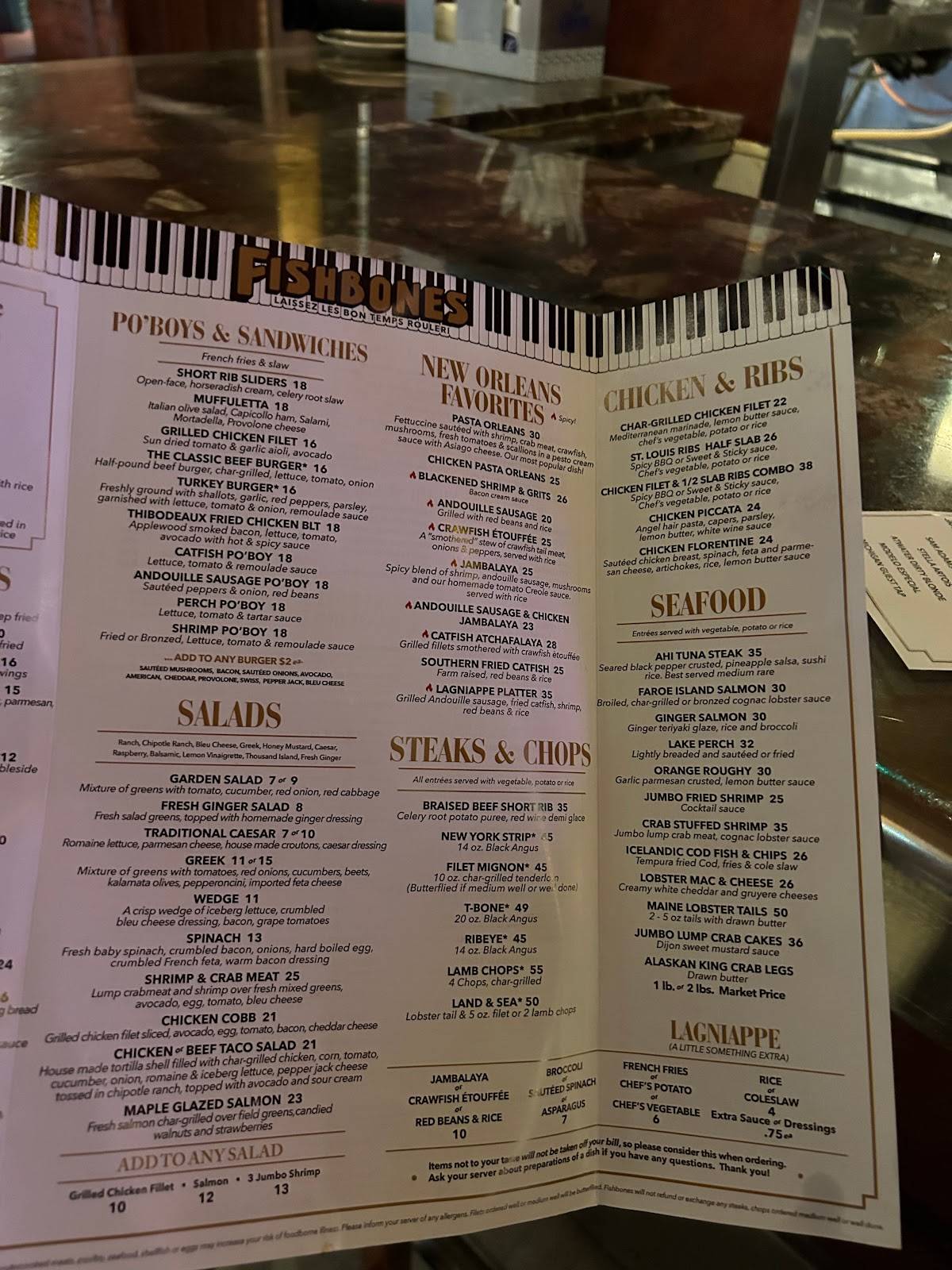 Menu at Fishbone's restaurant, Detroit, 400 Monroe St #8th