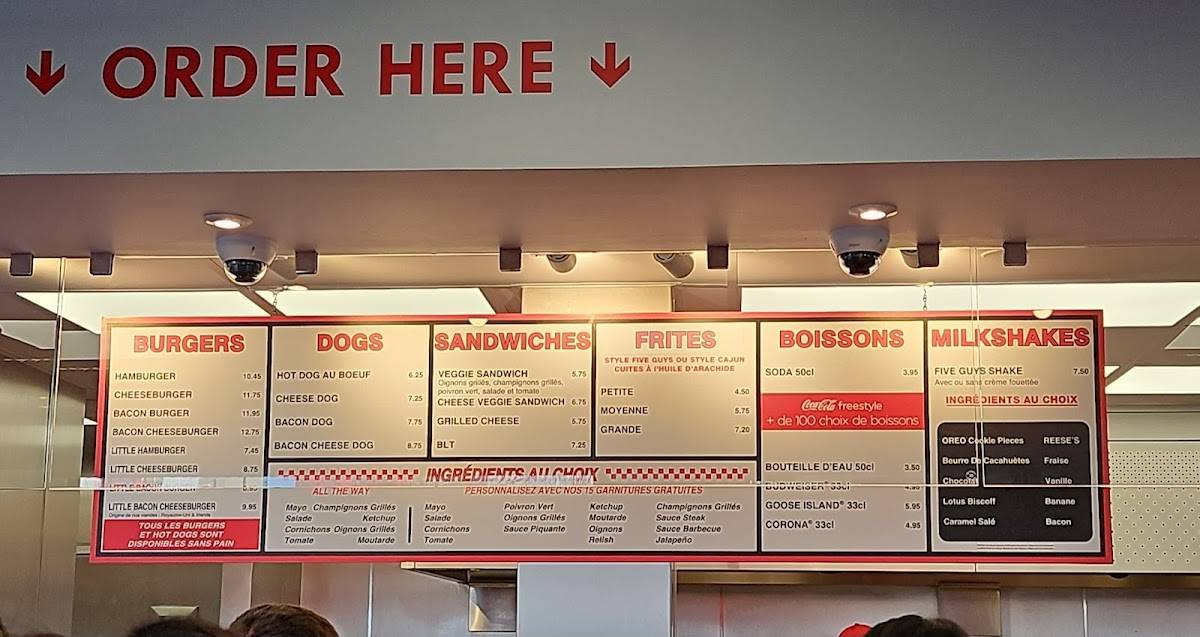 Menu au Five Guys restaurant, Paris