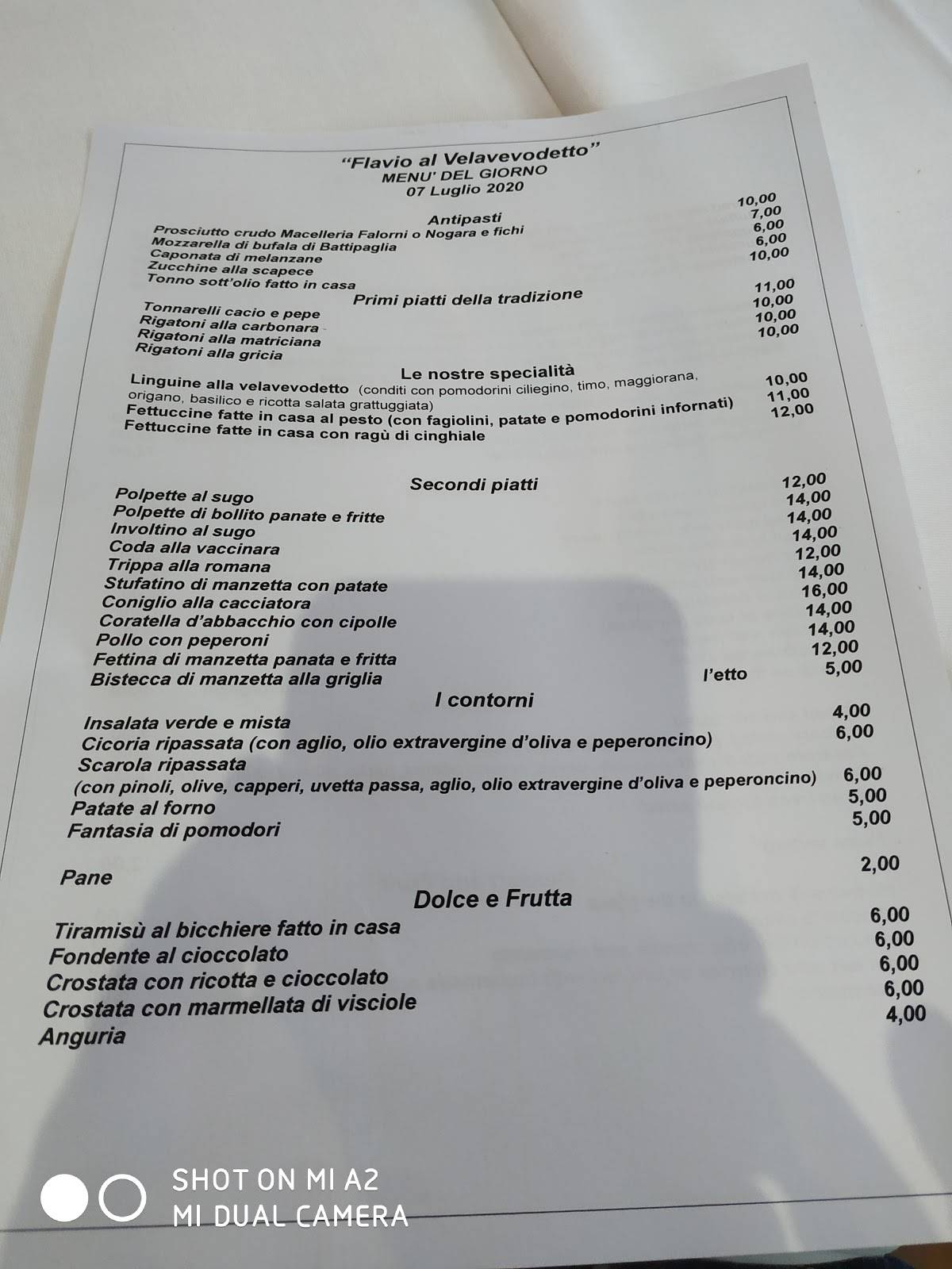 Menu at Flavio al Velavevodetto restaurant, Rome