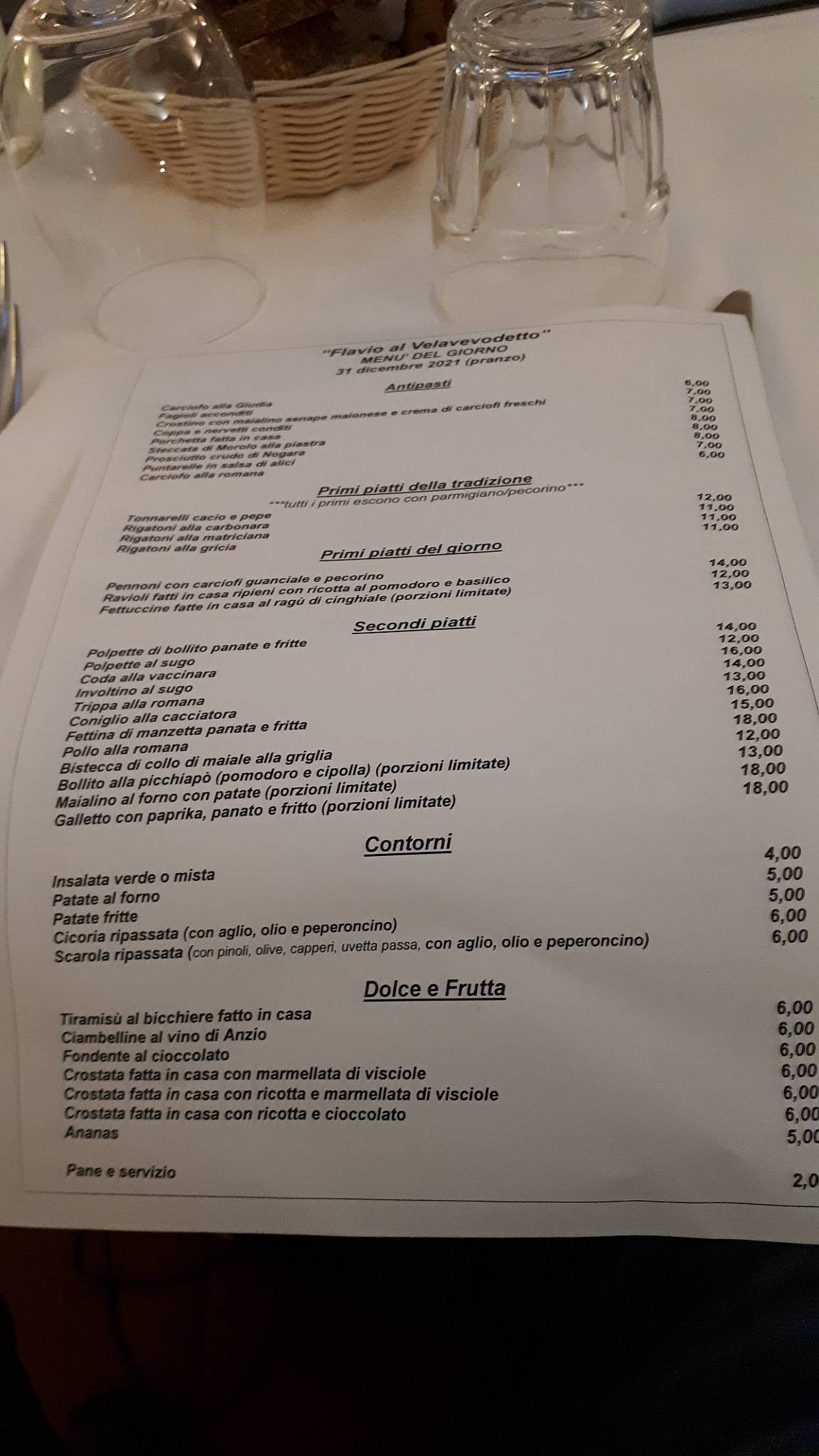 Menu at Flavio al Velavevodetto restaurant, Rome