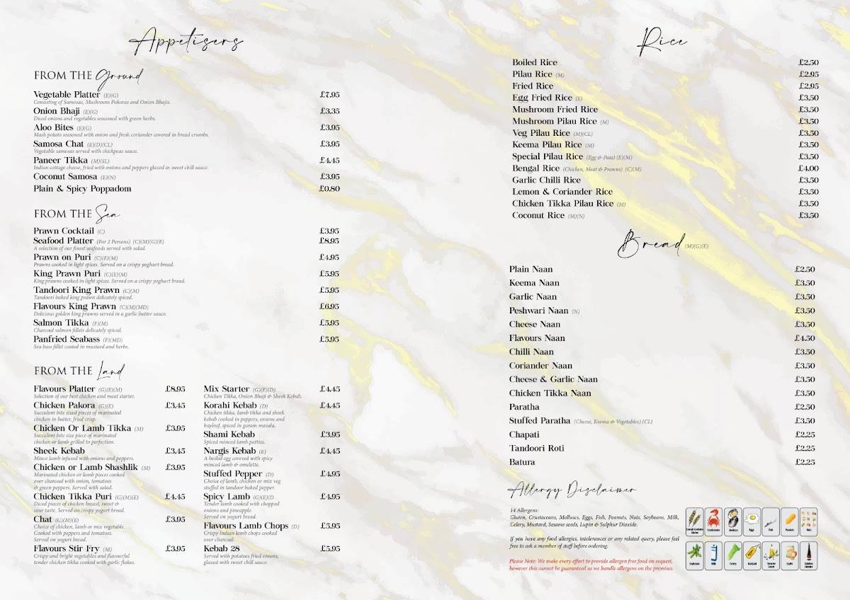 Menu at Flavours restaurant, Bromyard
