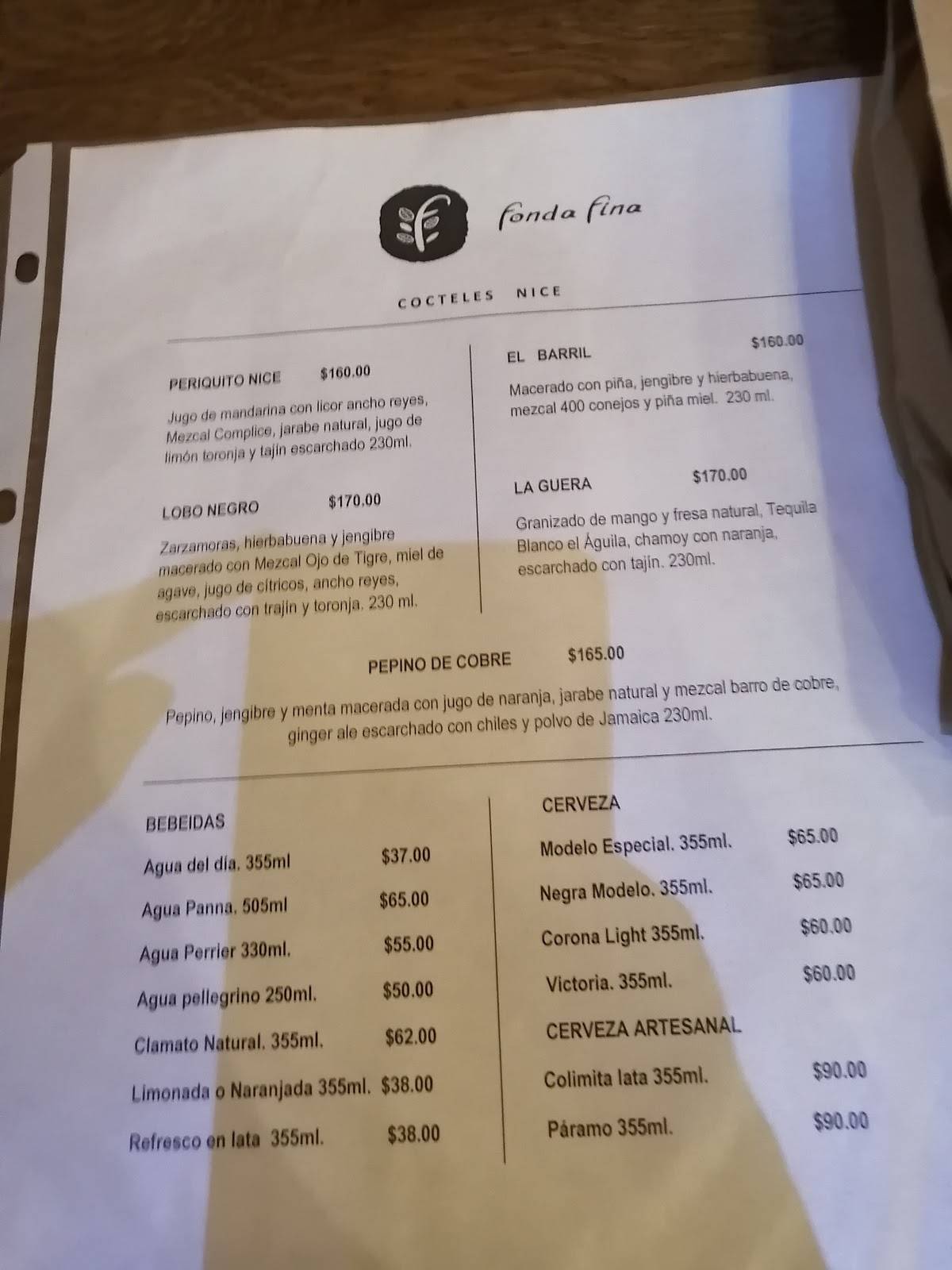 Carta del restaurante Fonda Fina, Ciudad López Mateos