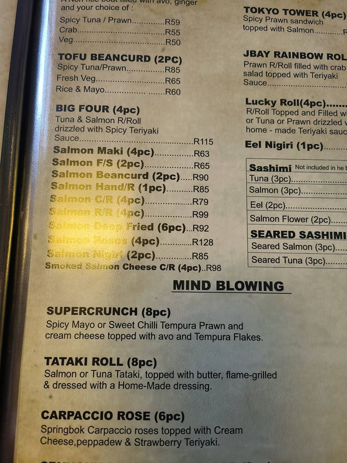 Menu at Foo Jiu Sushi restaurant, Port Elizabeth