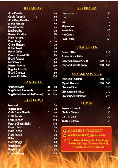 Menu at Food Frame cafe and restro, Rishikesh