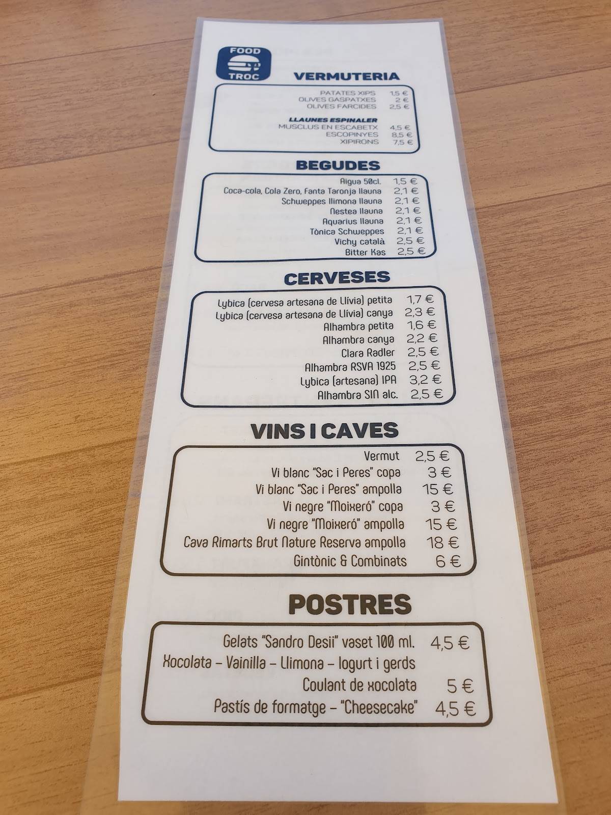 Carta del restaurante Food Troc, Llívia