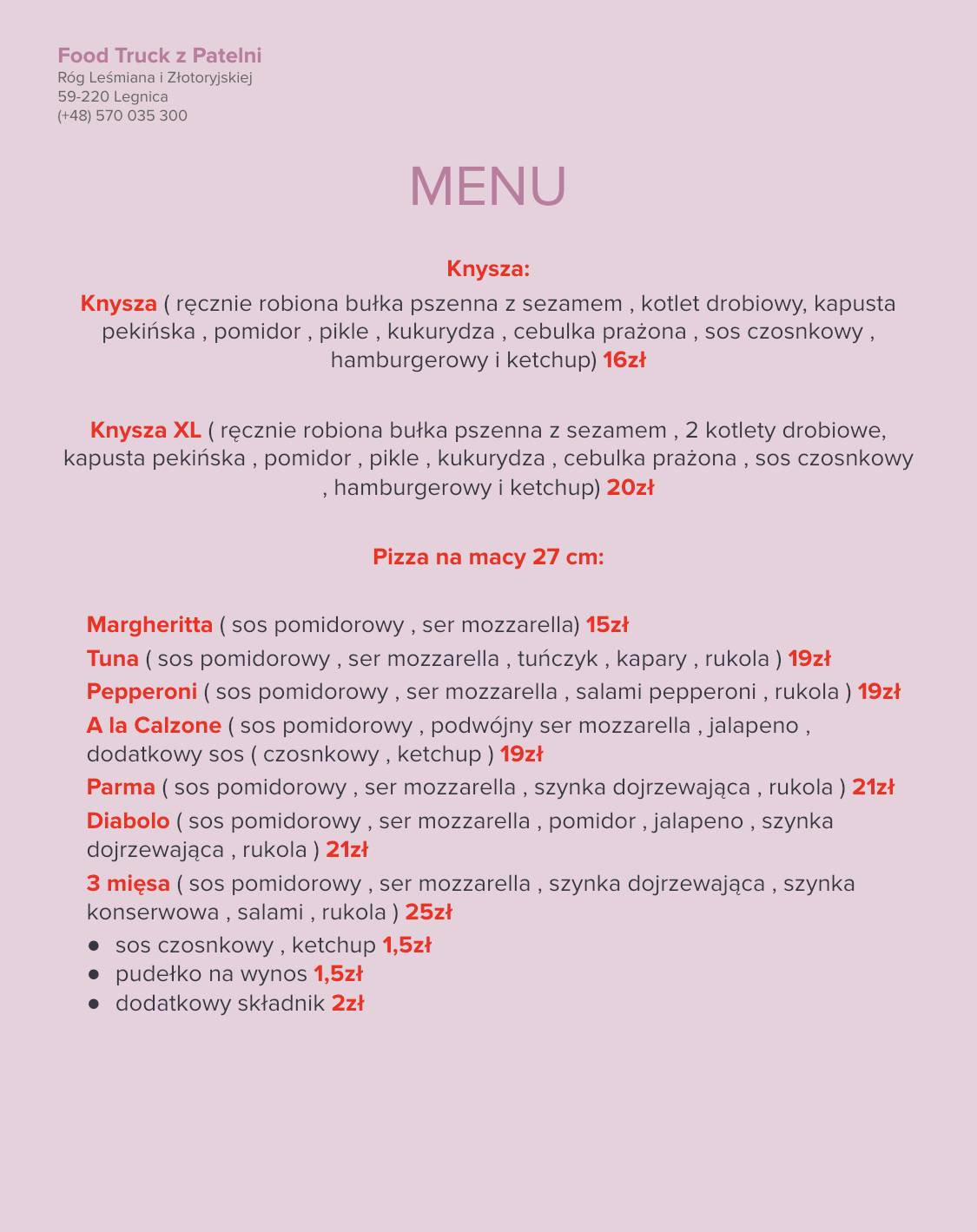 Menu at Restauracja Food Truck z Patelni restaurant, Legnica